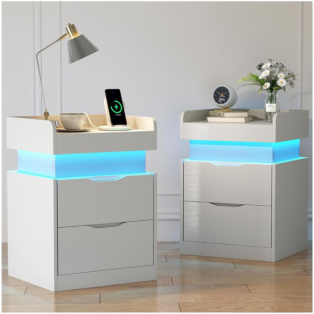 Nightstand Set of 2 with Charging Station, White Bedside Table LED ...