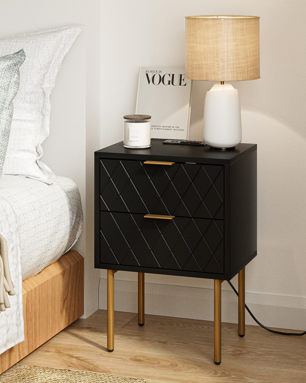 Nightstand,Small Bedside Table with Gold Frame,White Night Stand ...