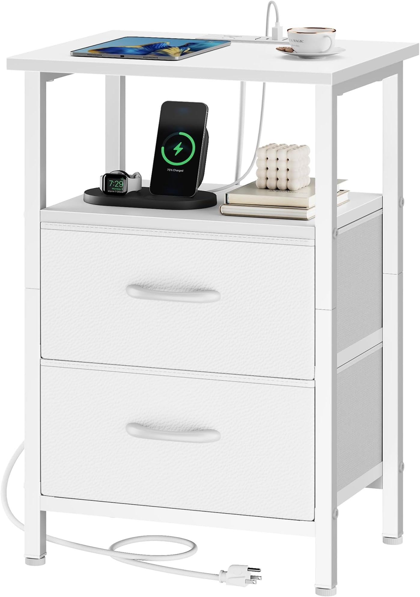 Nightstand with Station, End Table with Fabric Drawers, Side Tables ...