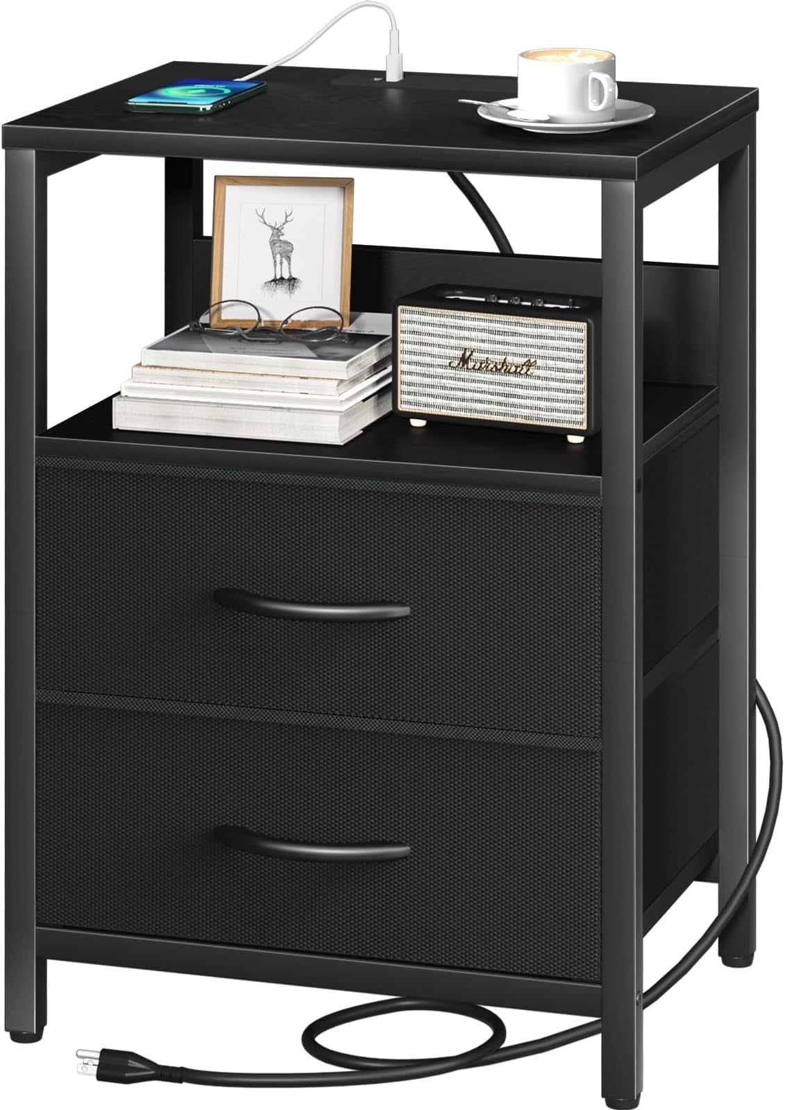 Nightstand with Station, Small Night Stand with Fabric Drawers and ...