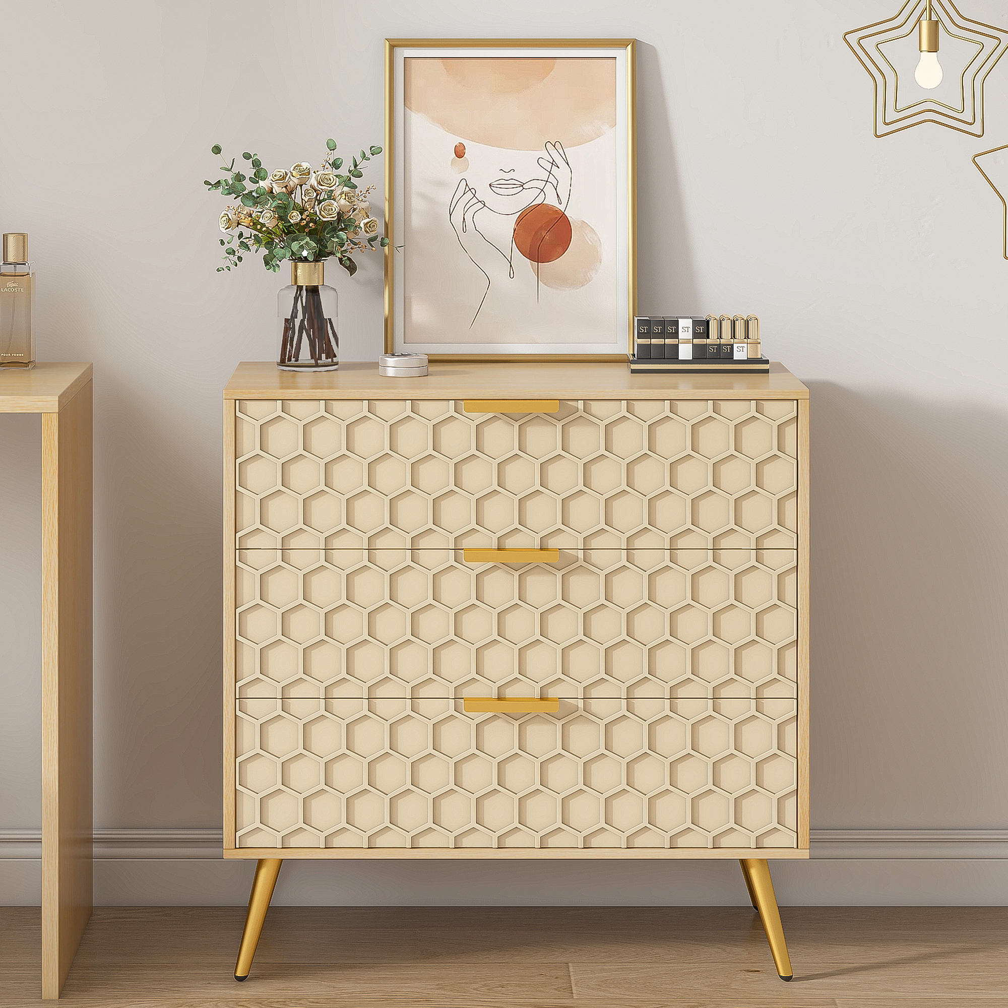 Nightstand Table with 3 Drawers, Honeycomb Pattern Wooden Side Table ...