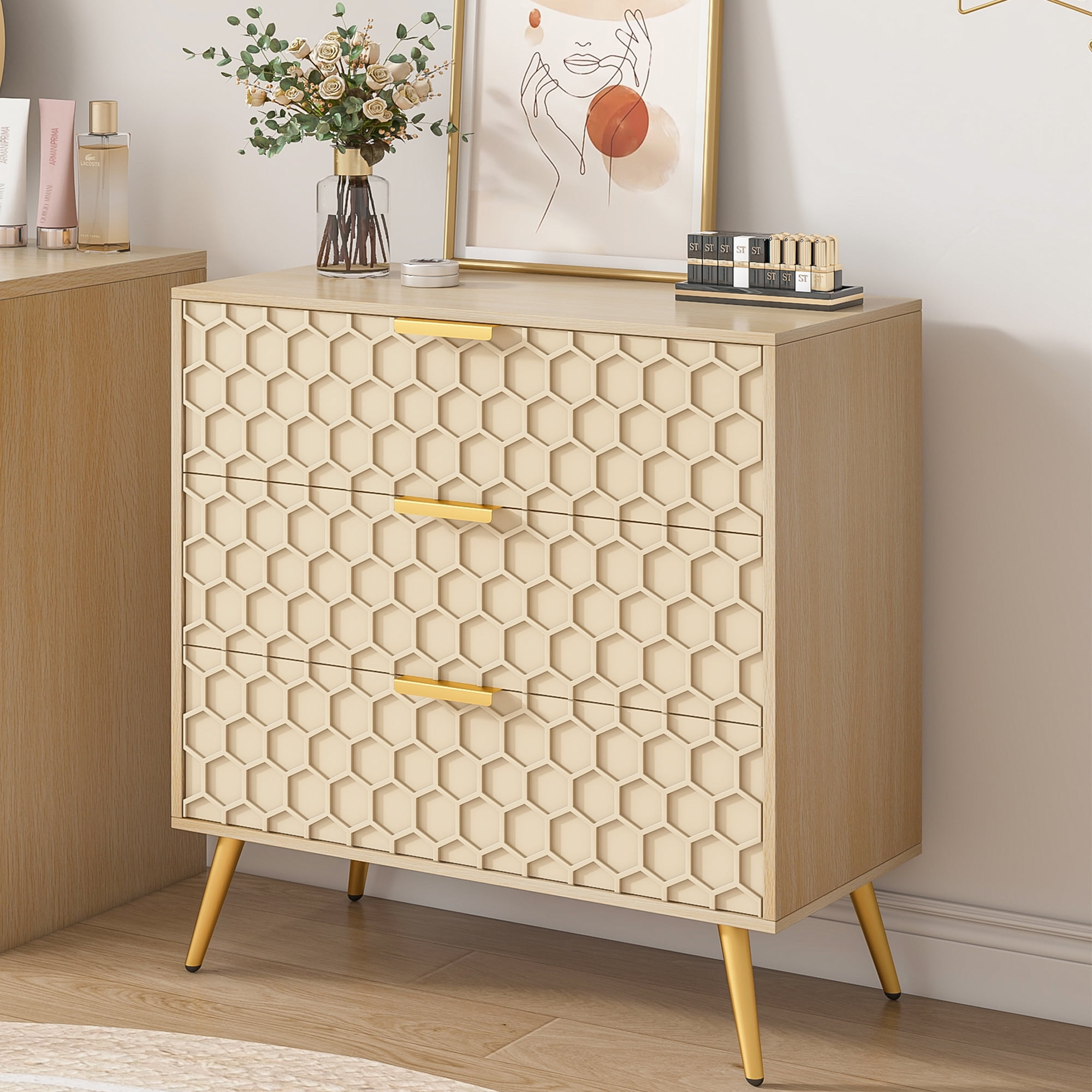Nightstand Table with 3 Drawers, Honeycomb Pattern Wooden Side Table ...