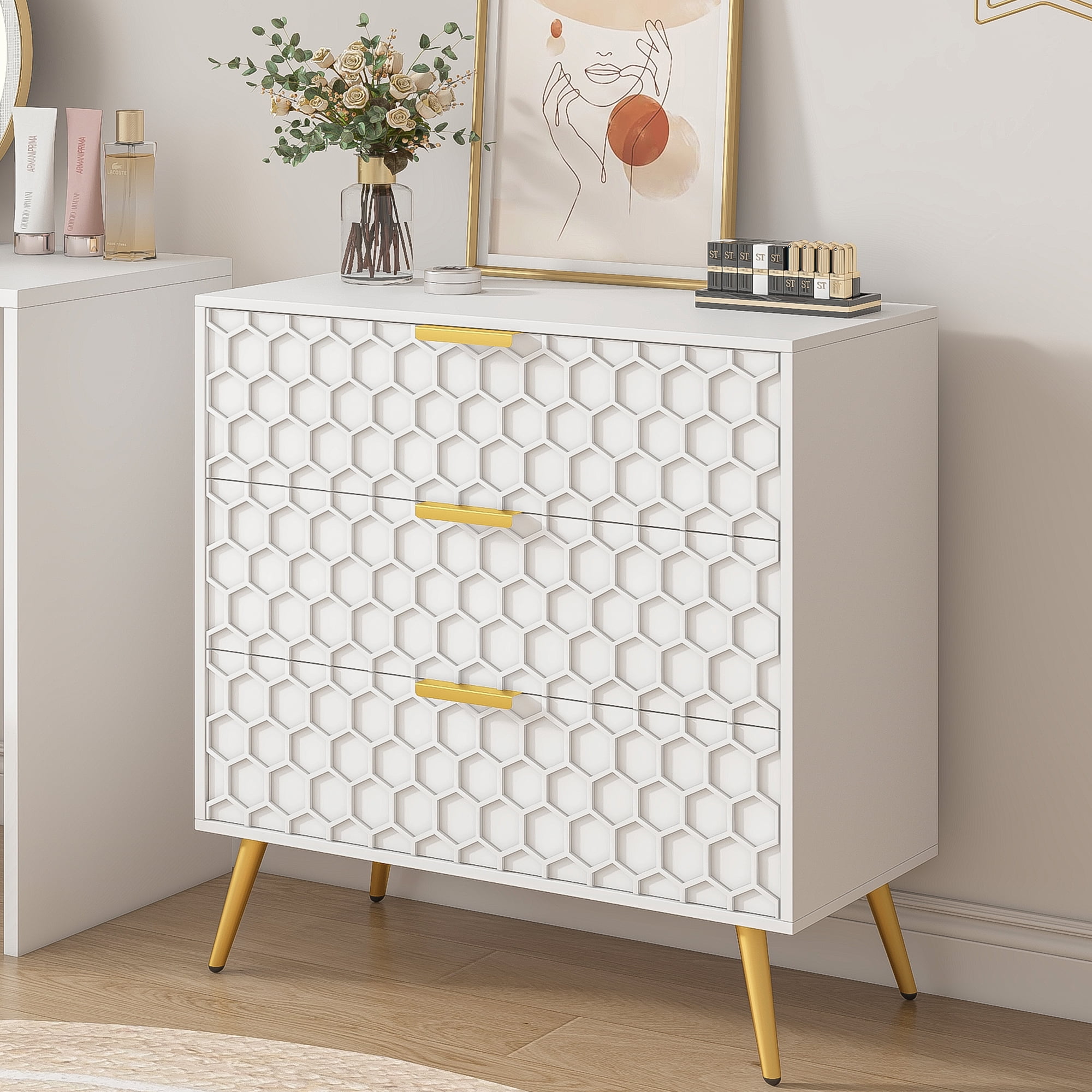 Nightstand Table with 3 Drawers, Honeycomb Pattern Wooden Side Table ...