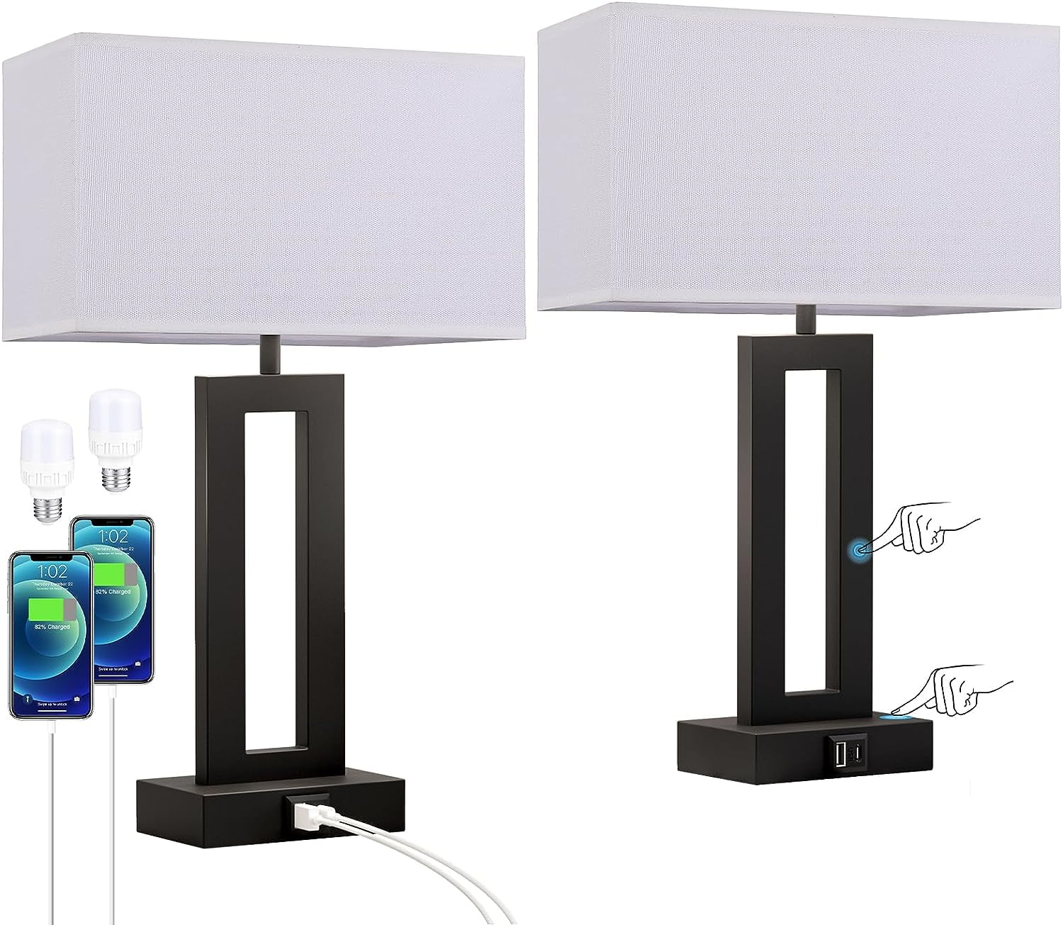 Nightstand Table Lamps for Bedrooms Set of 2 - Touch Bedside Lamp with ...