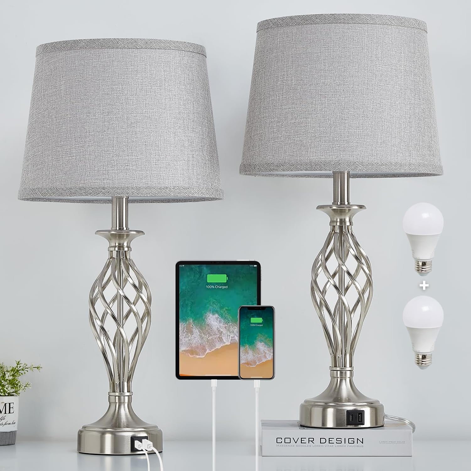 Nightstand Table Lamps for Bedrooms Set of 2 with USB C+A, Bedside ...