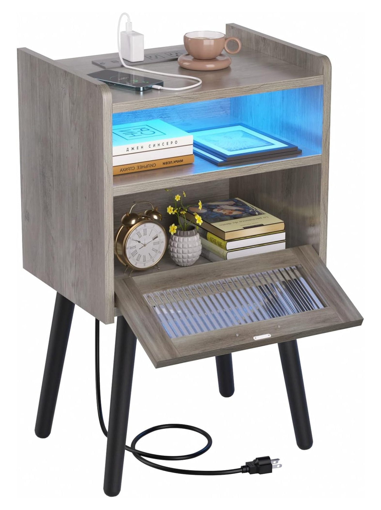 Nightstand with USB Ports and Power Outlets, Century LED Light Modern ...