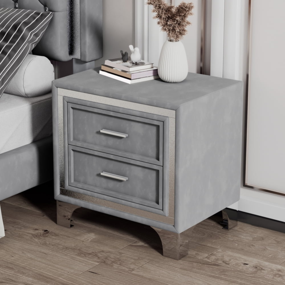 Nightstand, Velvet Side Table with 2 Drawers and Metal Legs, Modern ...