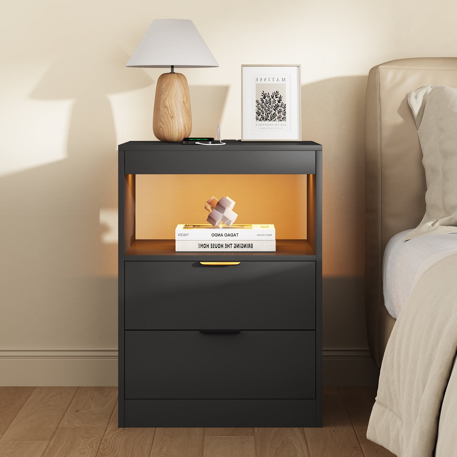 Nightstand with Wireless Charging Station,2 Drawers, Modern Wooden Sofa ...