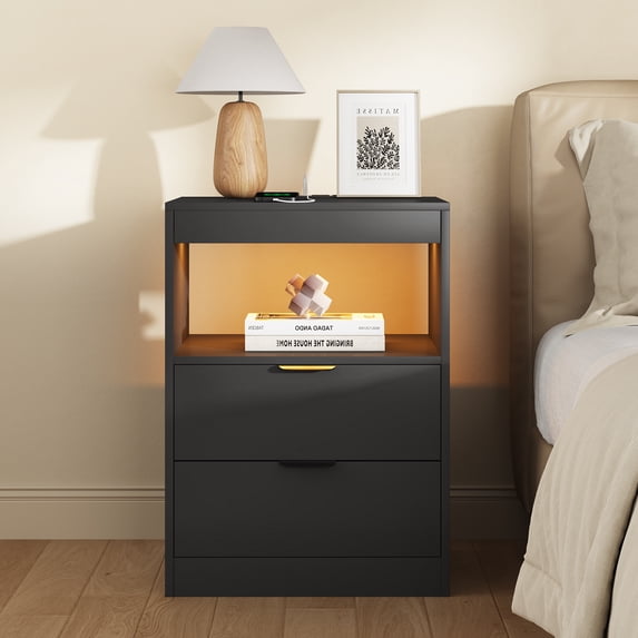 Nightstand with Wireless Charging Station,2 Drawers, Modern Wooden Sofa ...