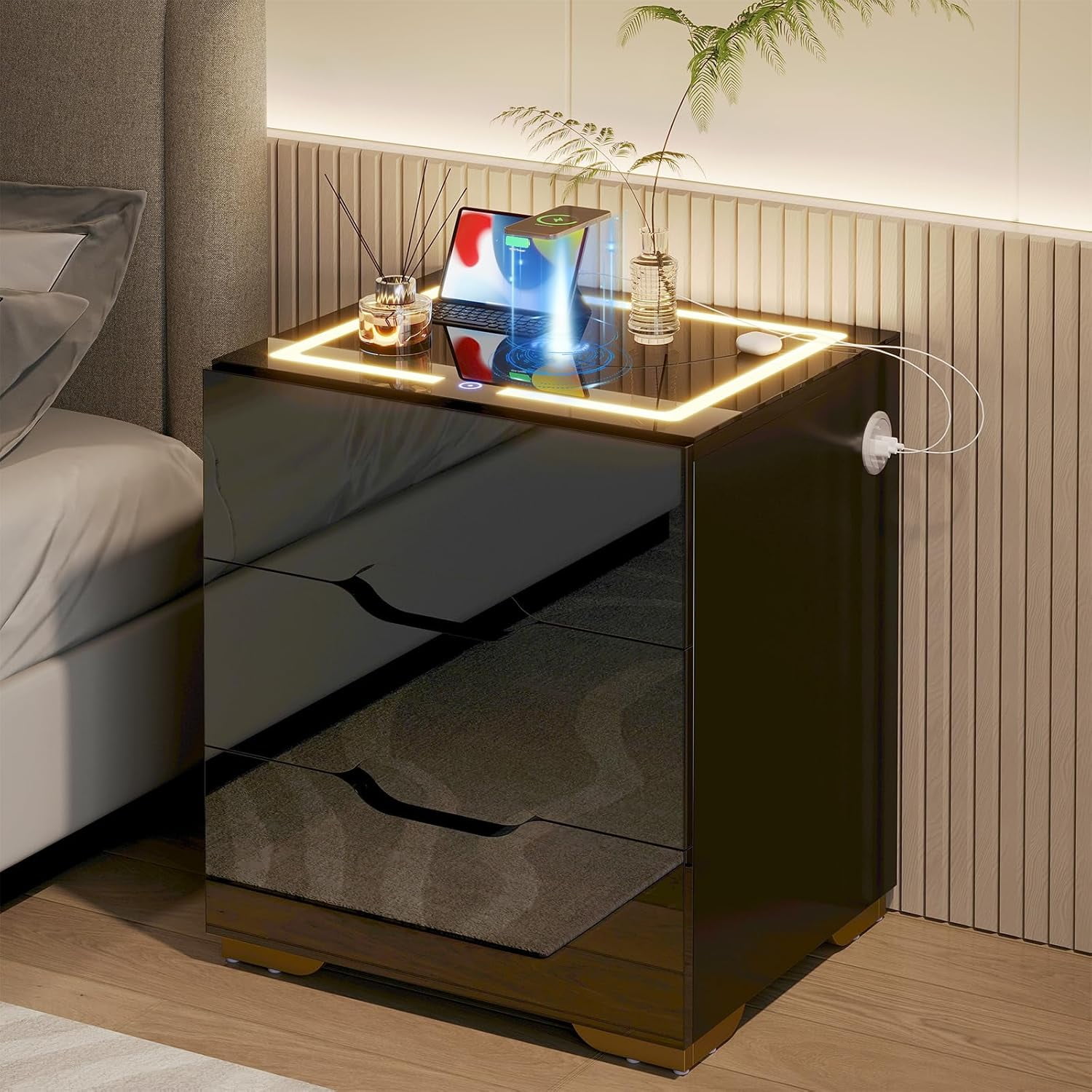 Nightstand with Wireless Charging Station & 2 USB, LED Smart Night ...