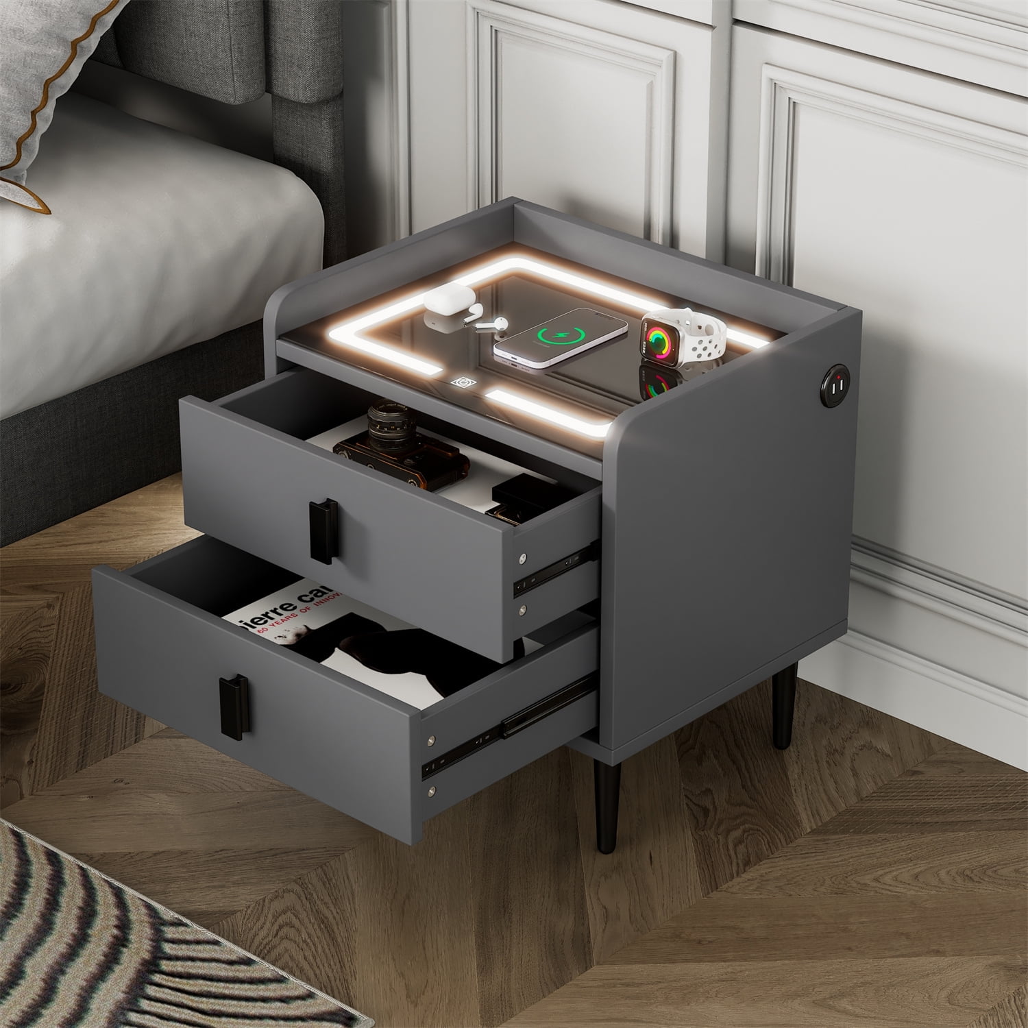 Nightstand with Wireless Charging Station, Bedside Table with USB ...