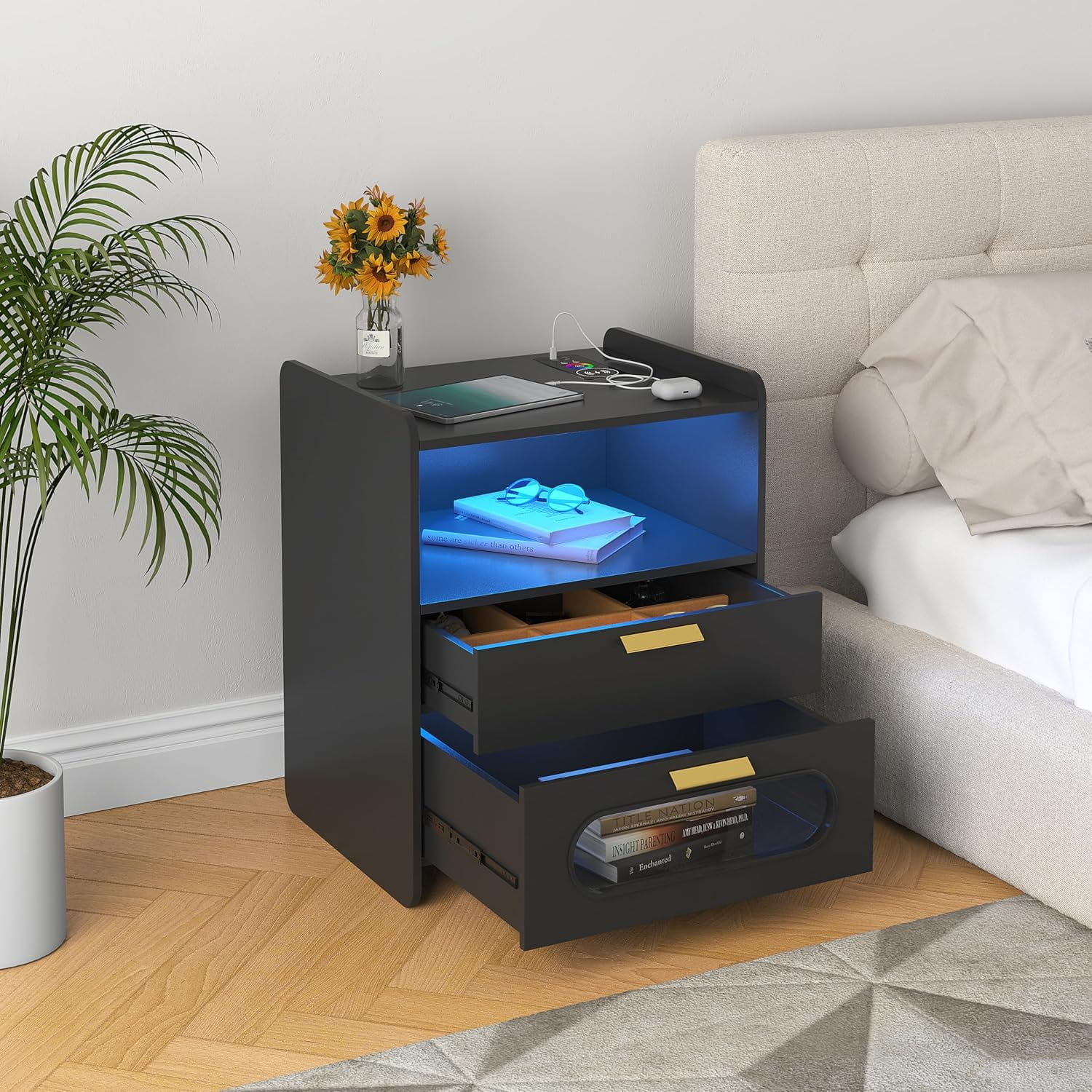 Nightstand with Wireless Charging Station, Modern Bedside Table with 24 ...