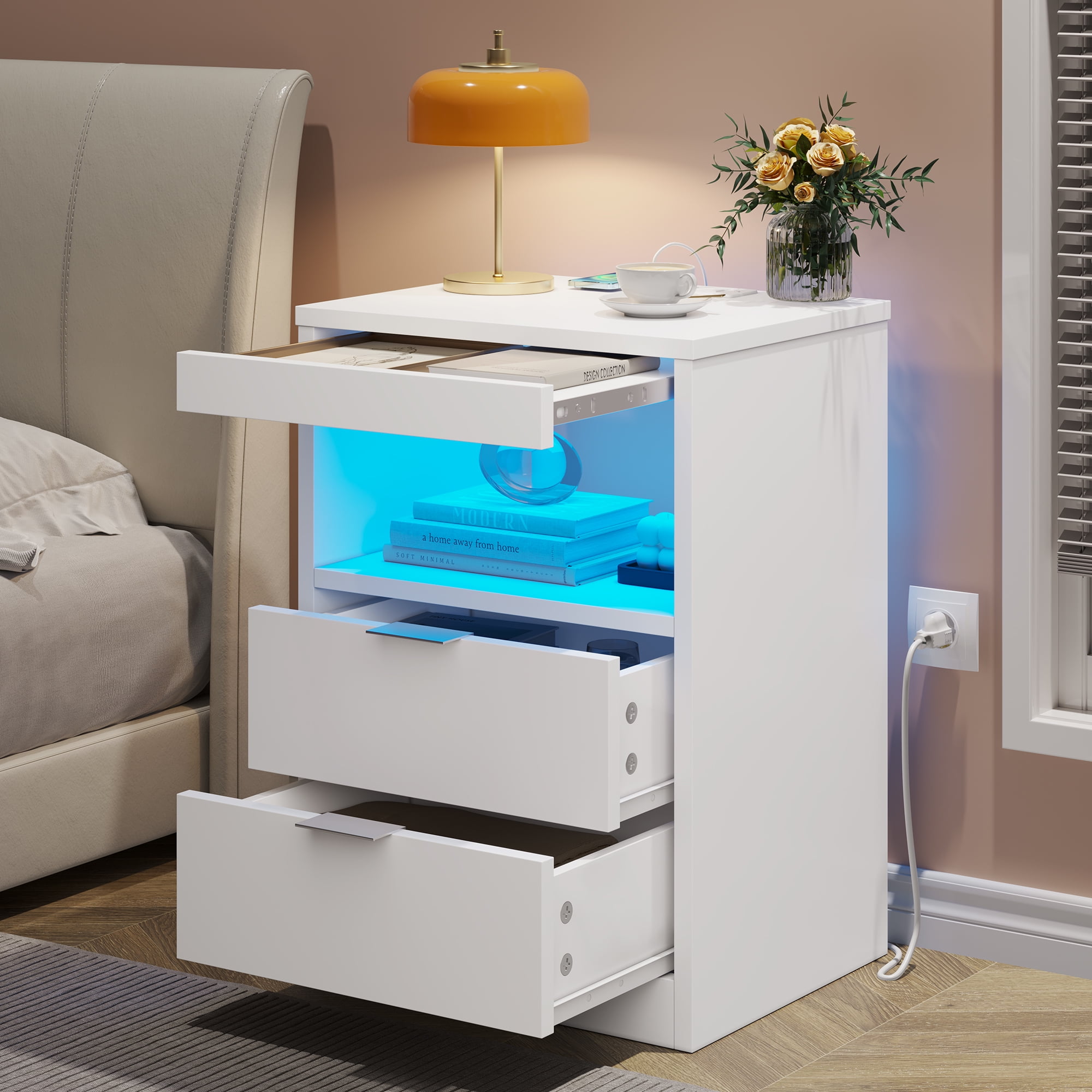Nightstand with Wireless Charging Station and LED Lights, White ...