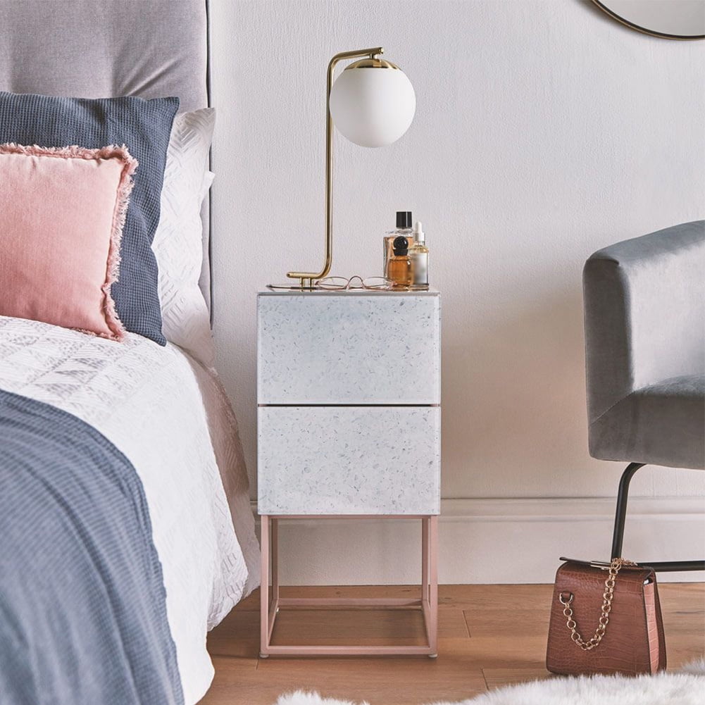 Nightstand With 2 Drawers, Stainless Steel Base Bed Side Table, Marble ...