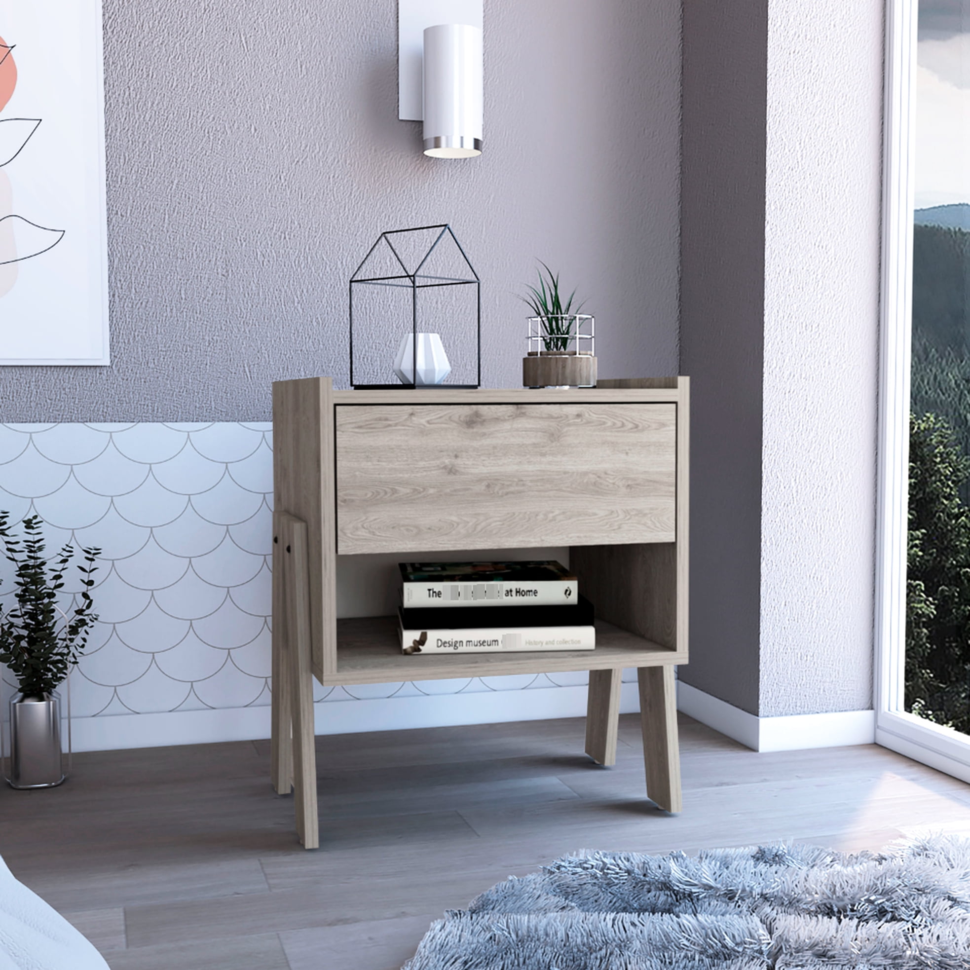 Nightstand With Gray Finish, 22"h, One Drawer & Open Shelf, Metal Rails ...