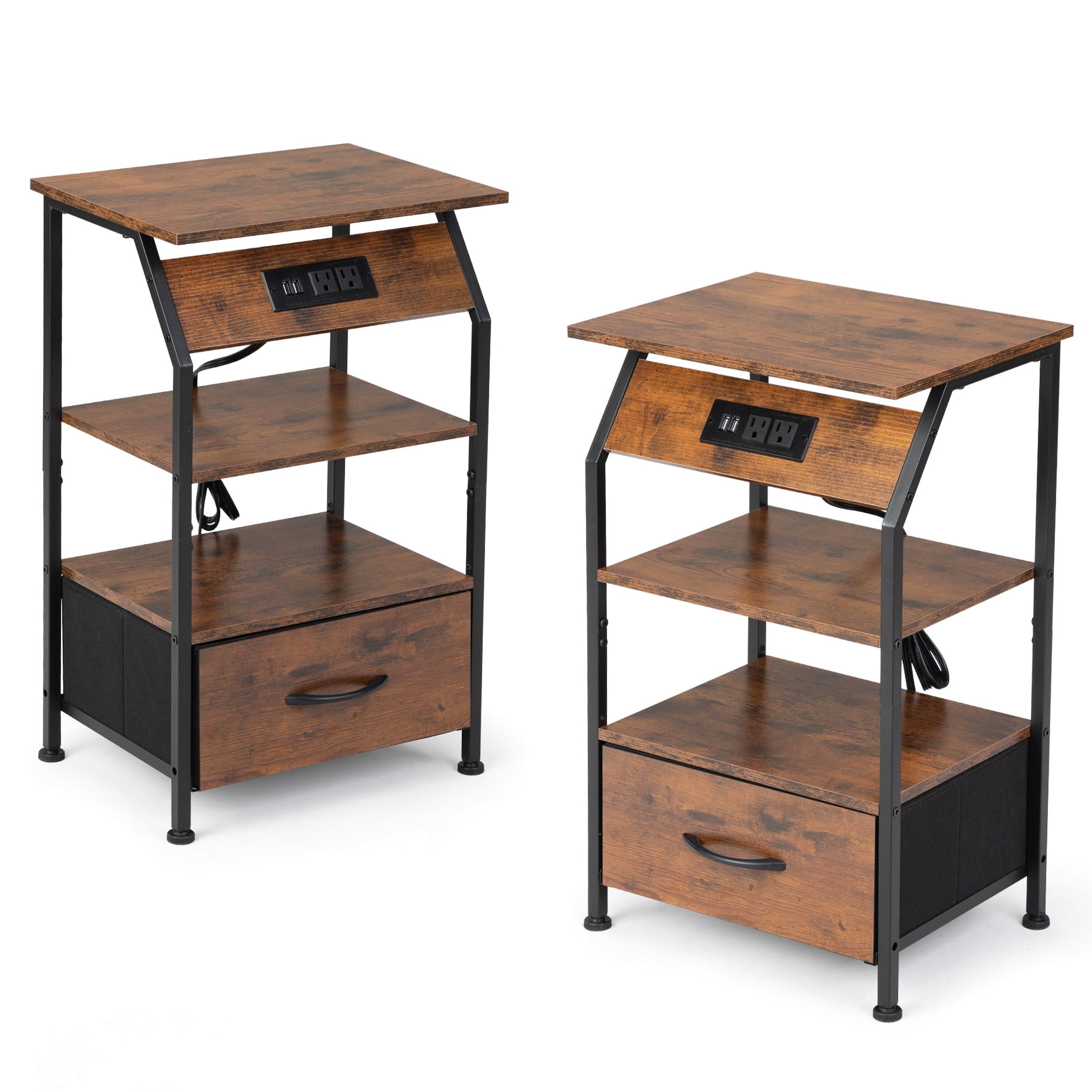 Nightstand With Outlets In Rustic Brown - Space-saving For Bedroom ...