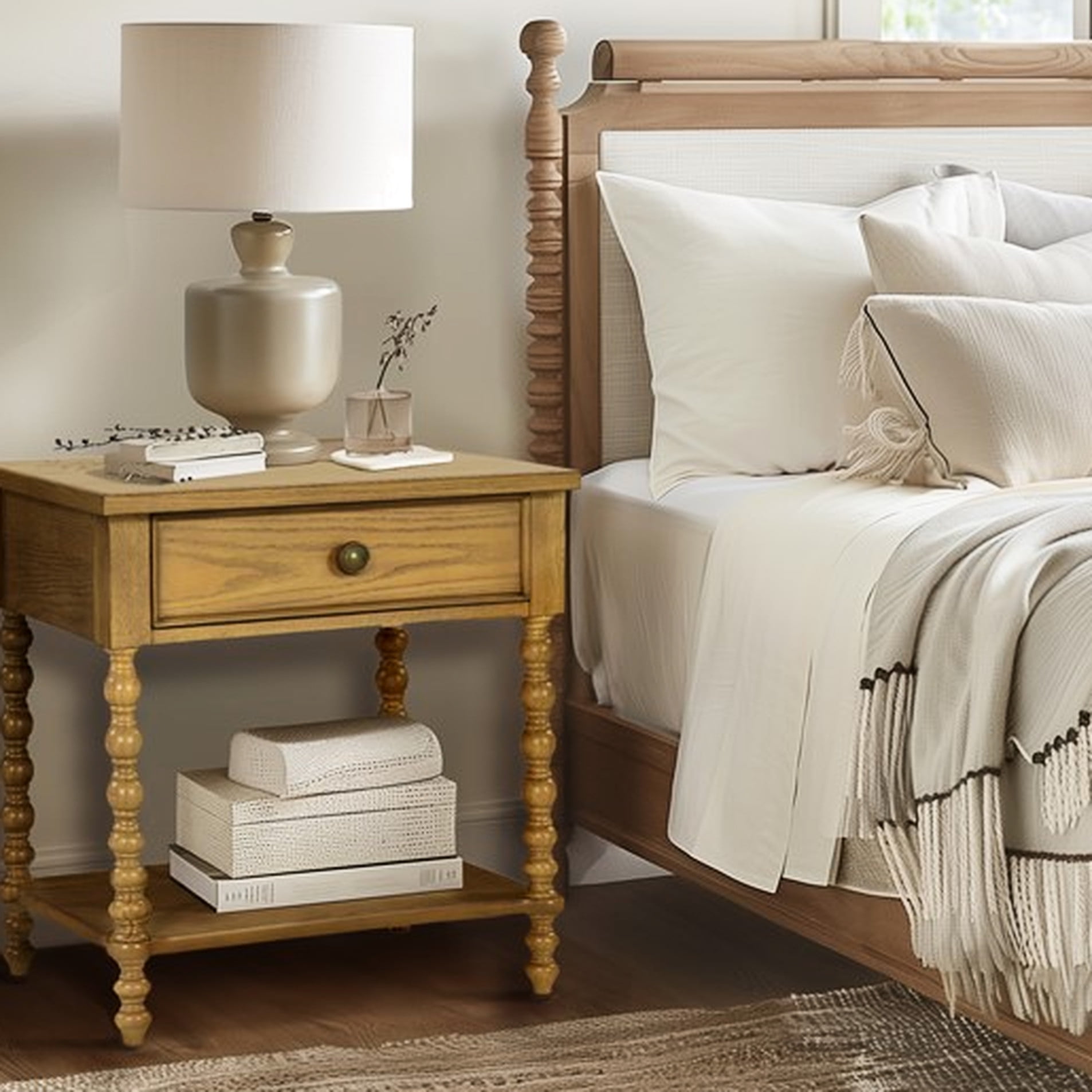Nightstand With Solid Wood Construction, 2 Drawers, Camel Oak Hue ...