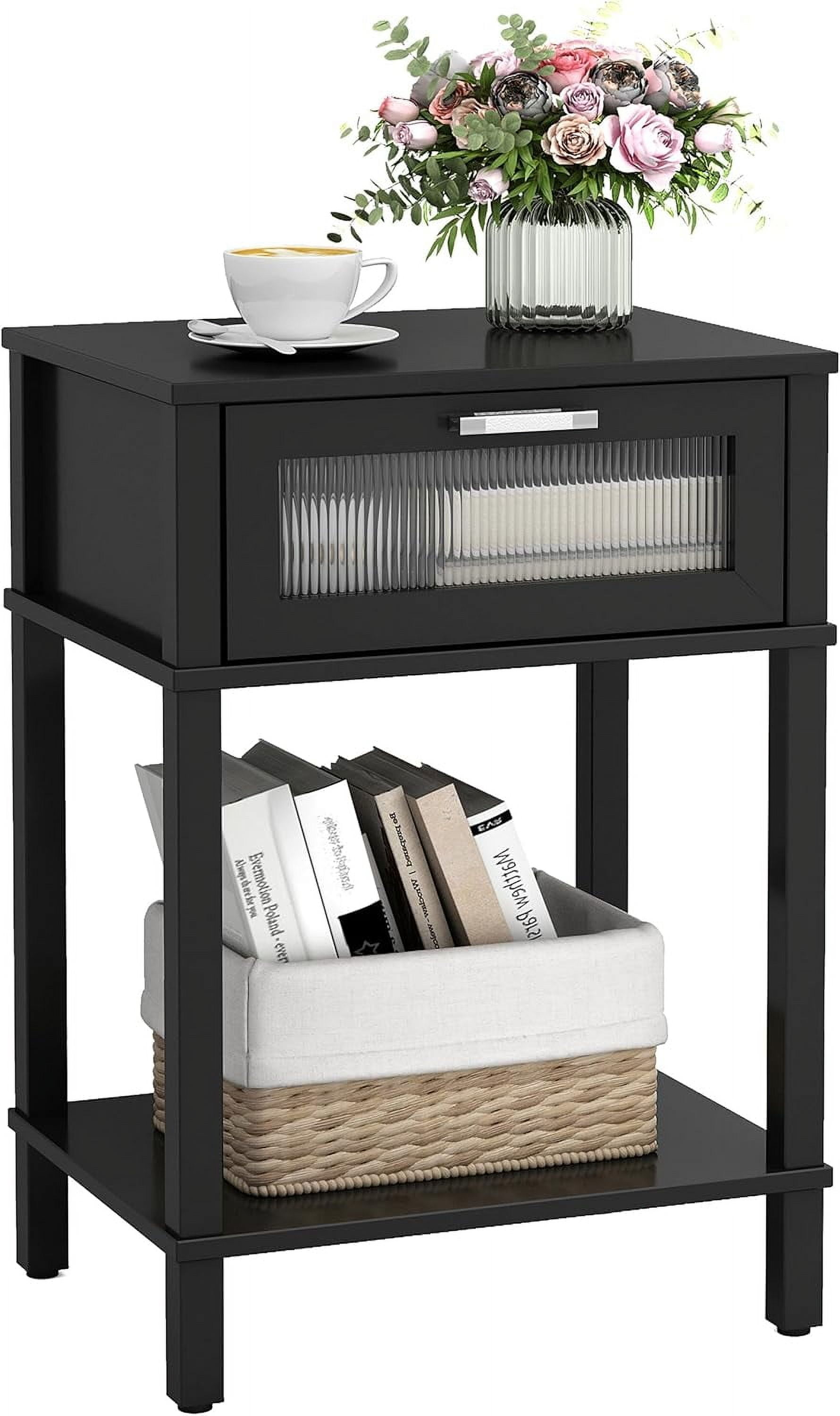 Nightstand Wooden Bedside Table with Drawer Black Night Stands Modern ...