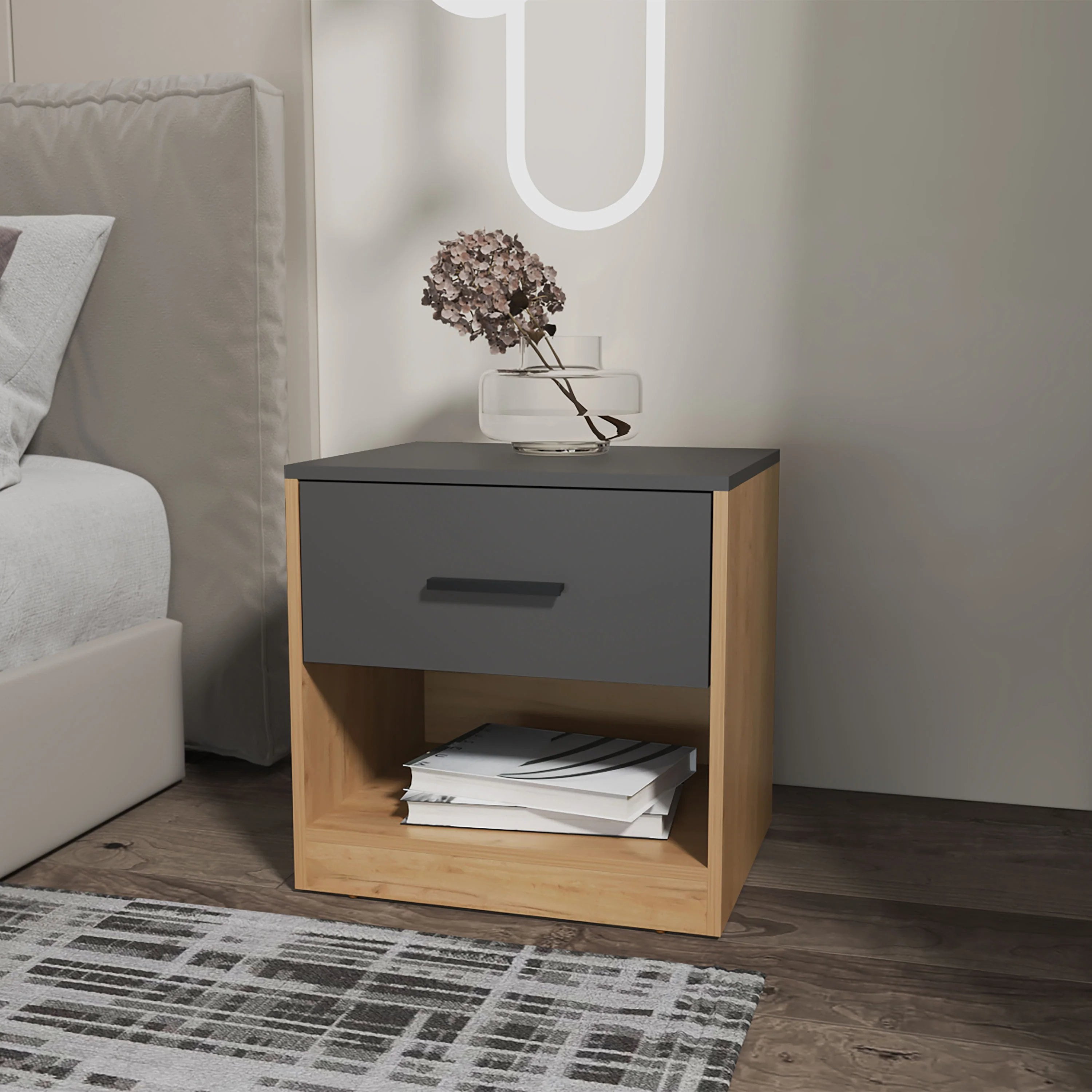 Nightstand for Bedroom Natural Oak and Matt Grey Nightstand with 1 ...
