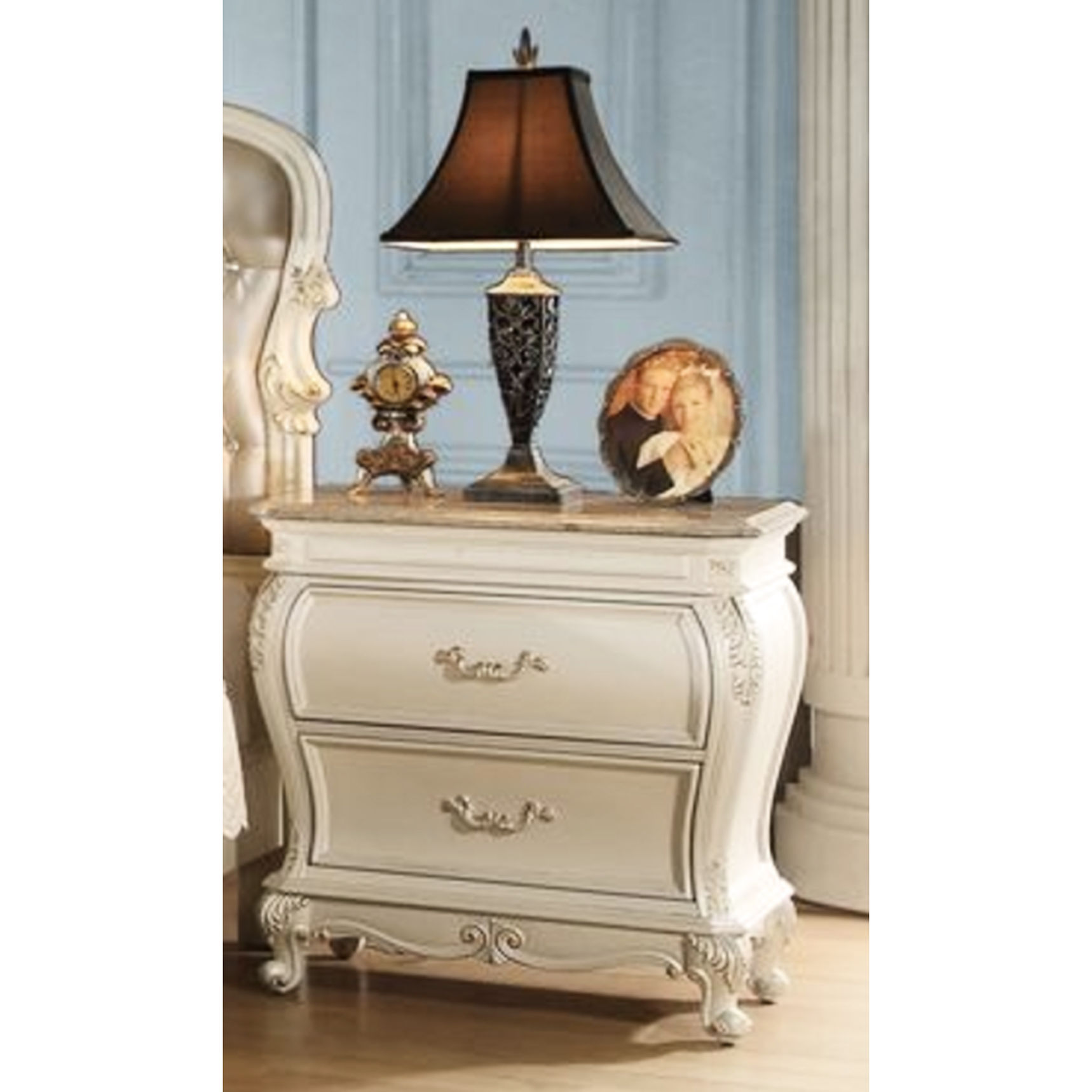 Nightstand in pearl white with two drawers / Side glide mechanism and ...