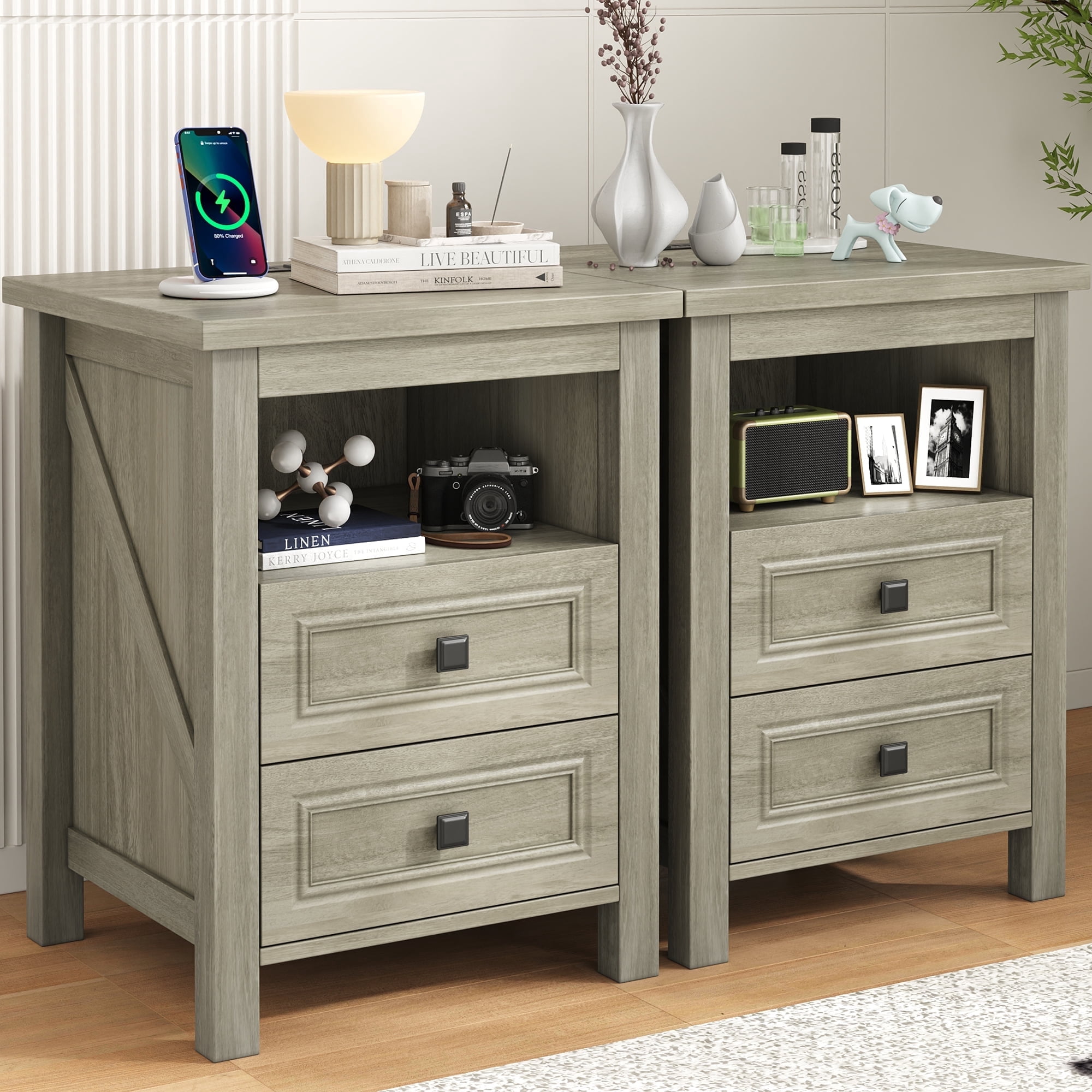 Nightstand set of 2 with Charging Station, Rustic Bedside Table ...