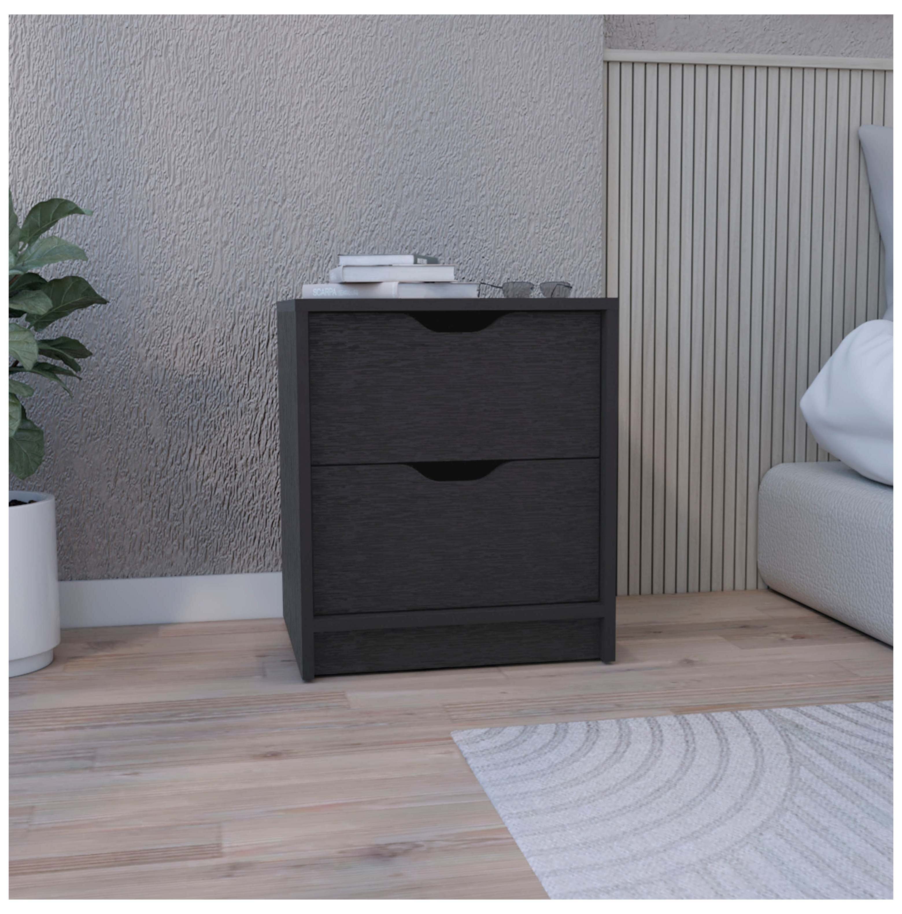 Nightstand with 2 Drawers, 19 Inch Bedside Table, Black - Modern End Table with Easy Pull-Out ...