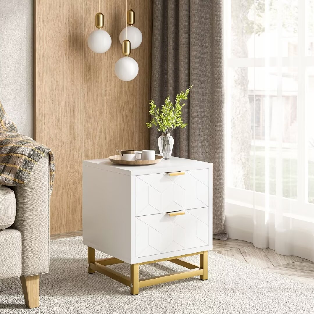 Nightstand with 2 Drawers, End Side Table Bedside Table with Metal Gold ...
