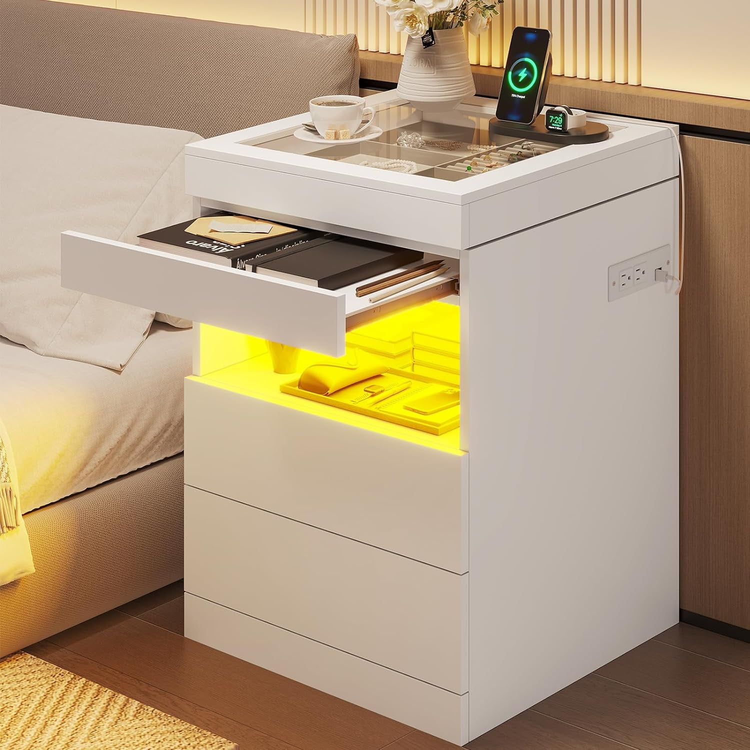 Nightstand with 2 Drawers, LED Lights & Charging Station, White Bed ...