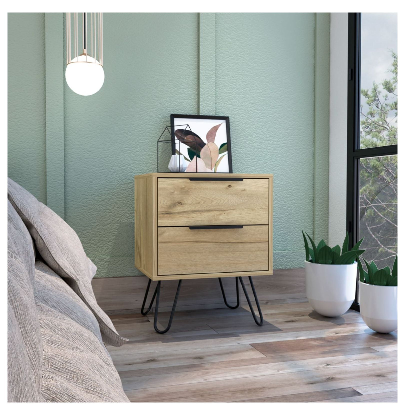 Nightstand with 2 Drawers - Light Oak End Table, Side Table with Legs ...
