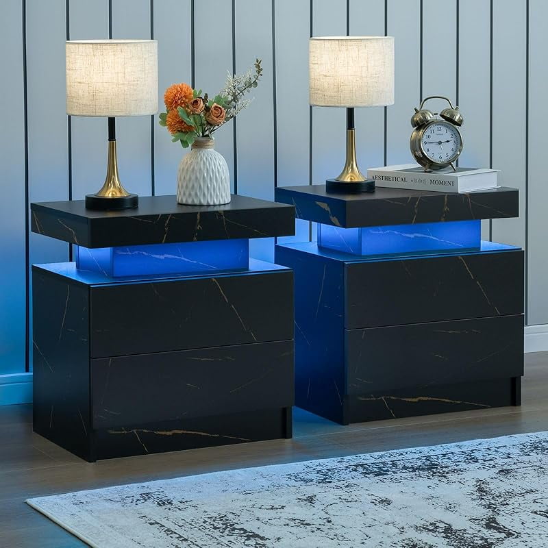 Nightstand with 2 Drawers,Night Stand Set 2 with LED Light,Bedside ...