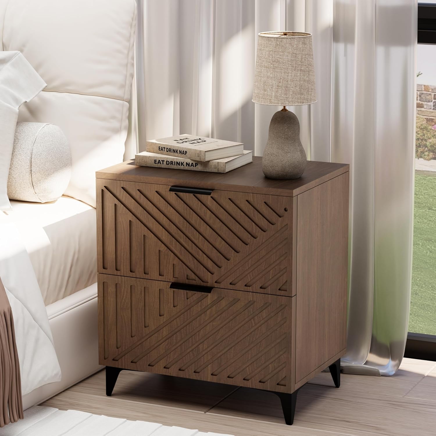 Nightstand with 2 Drawers Night Stand with Fluted Panel, Modern Bedside ...