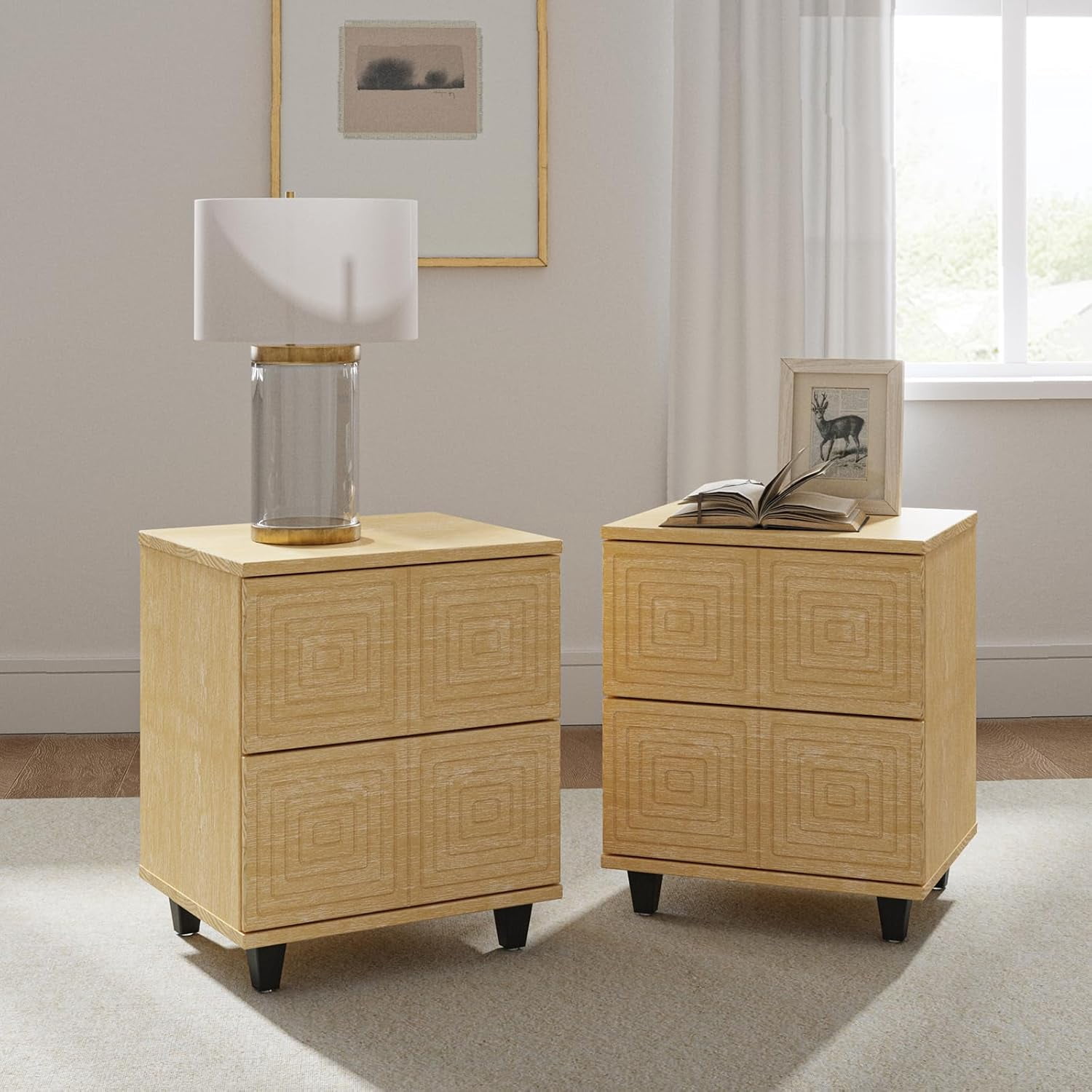 Nightstand with 2 Drawers, Set of 2, Modern Bedside Table, Natural Wood ...