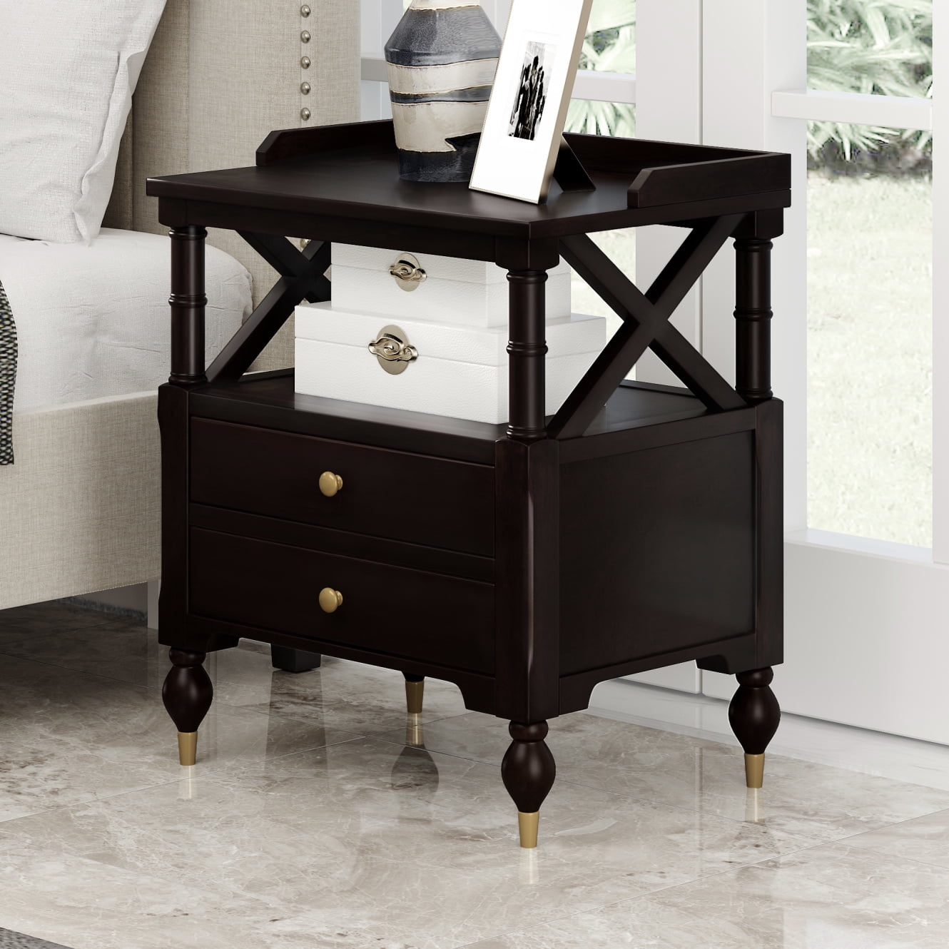 Nightstand with 2 Drawers and Open Shelf, Beside Table Beside Cupboard ...
