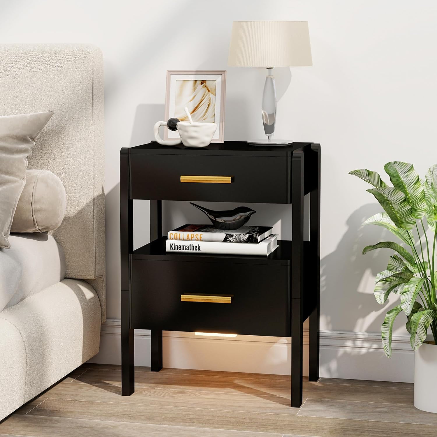 Nightstand with 2 Drawers and Open Shelf Solid Wood Bedside Table ...