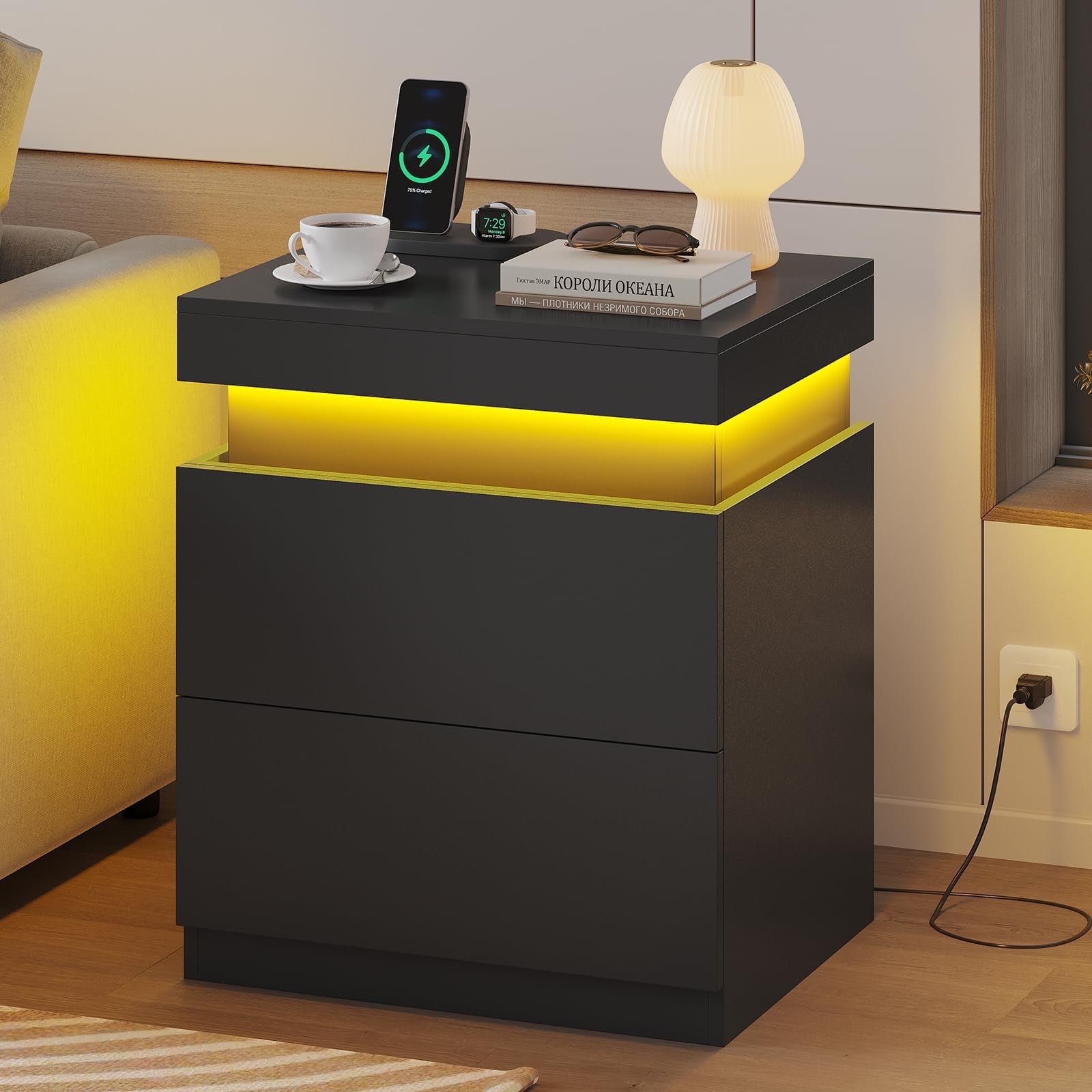 Nightstand with 2 Storage Drawers,Smart Night Stand for Bedroom,End ...