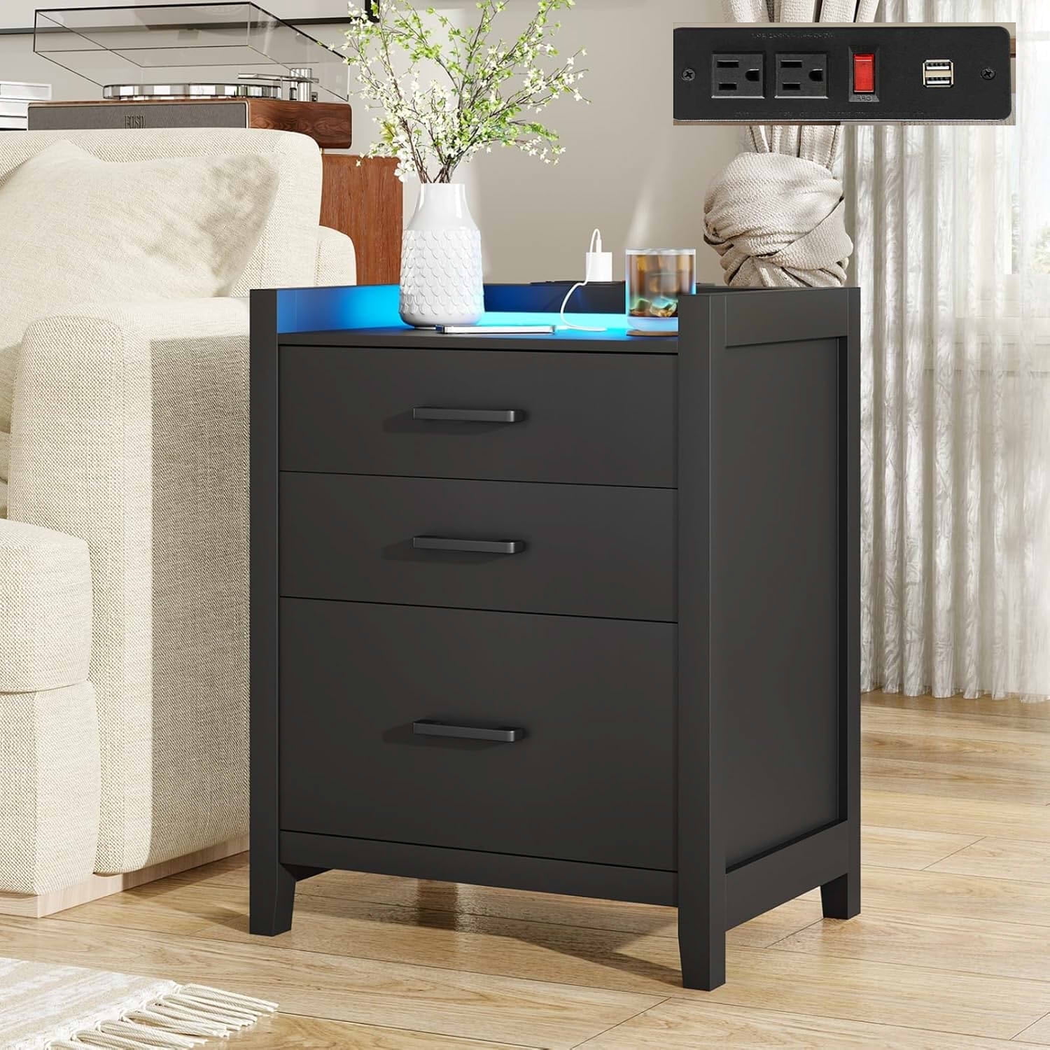 Modern Black Nightstand with 3 Drawers, LED Lights & Bedside Night ...