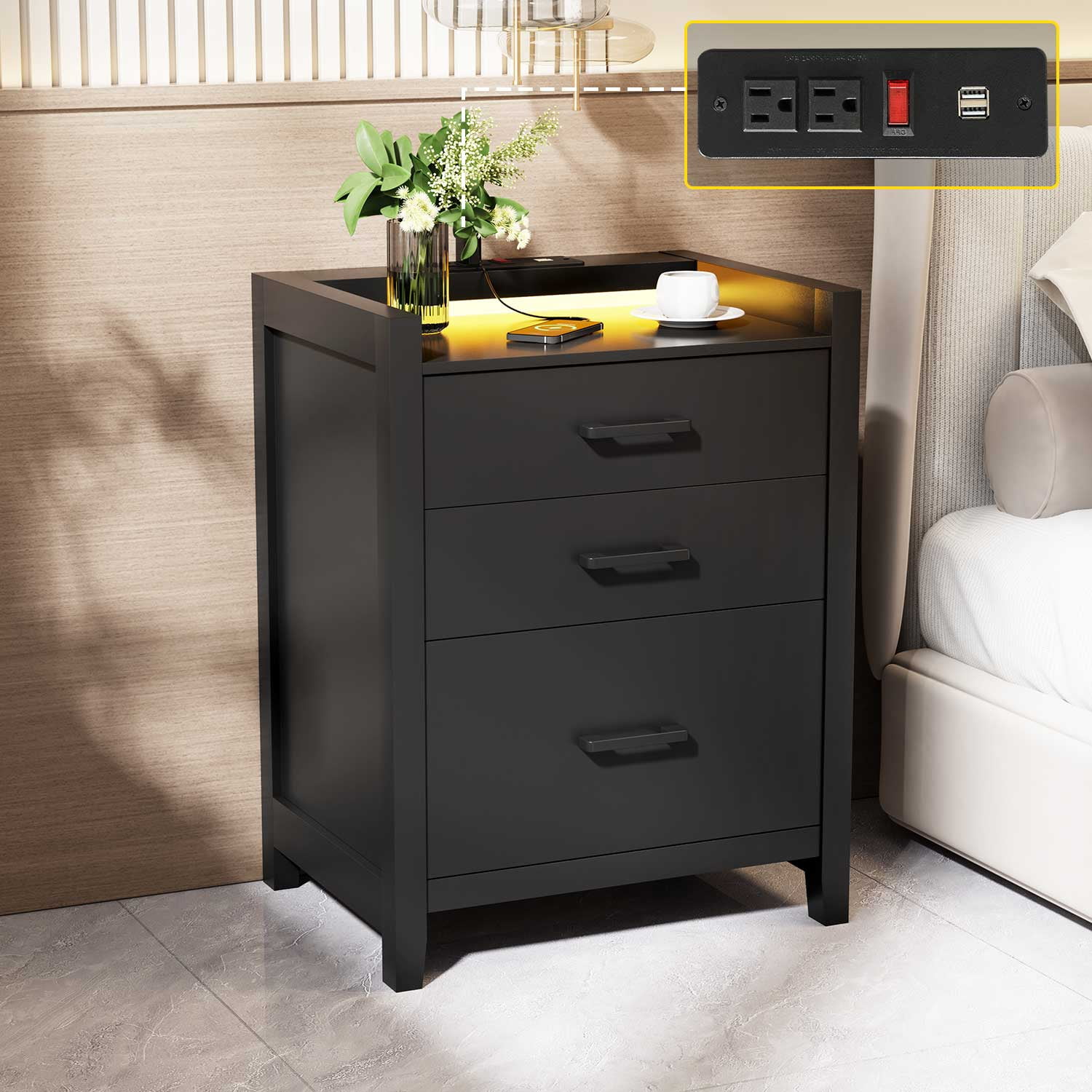 Modern Black Nightstand with 3 Drawers, LED Lights & Bedside Night ...