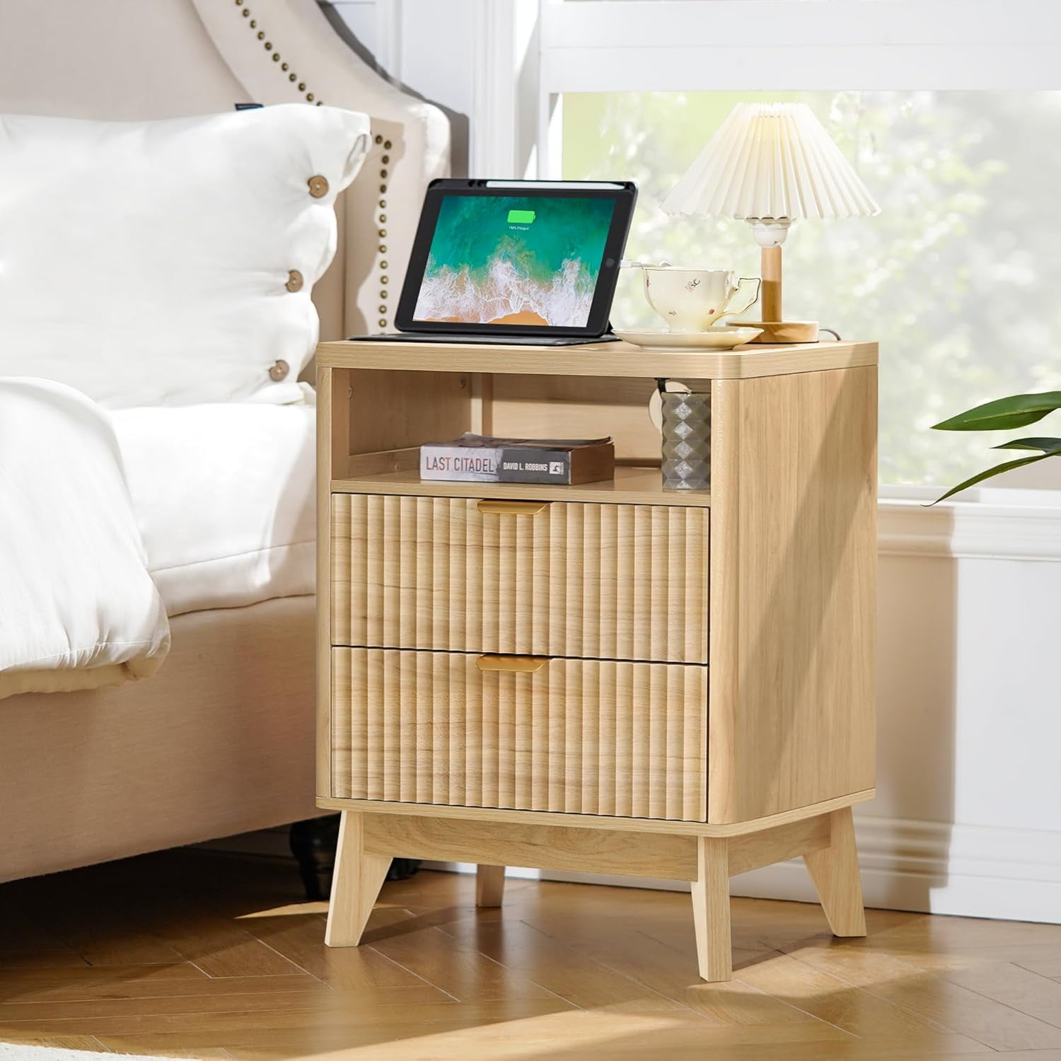 Fluted Nightstand with Charging Station, 19.7 inch Wide End Table with ...