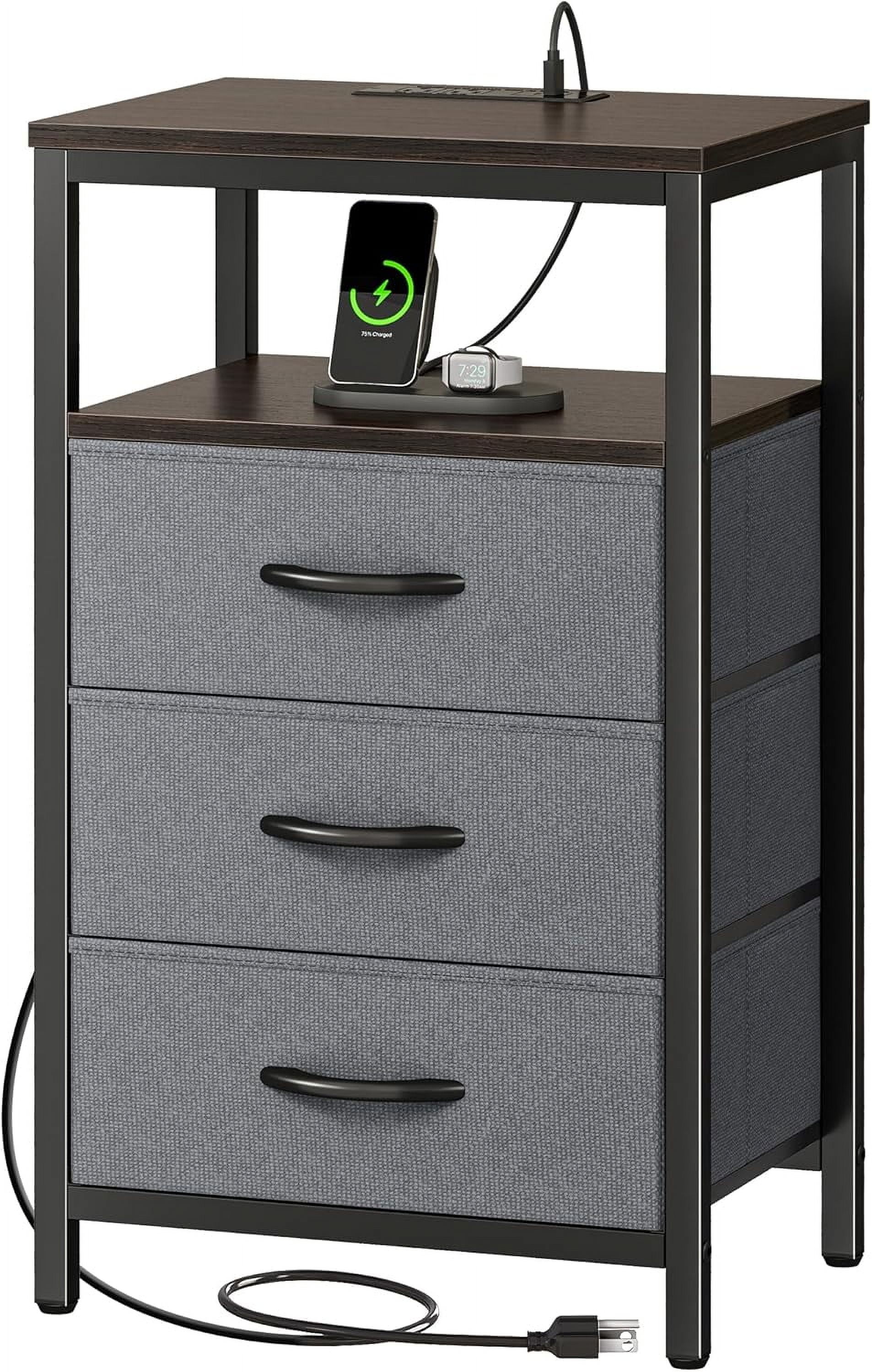 Nightstand with Charging Station, 27.6 Inch Bedside Table with Fabric ...