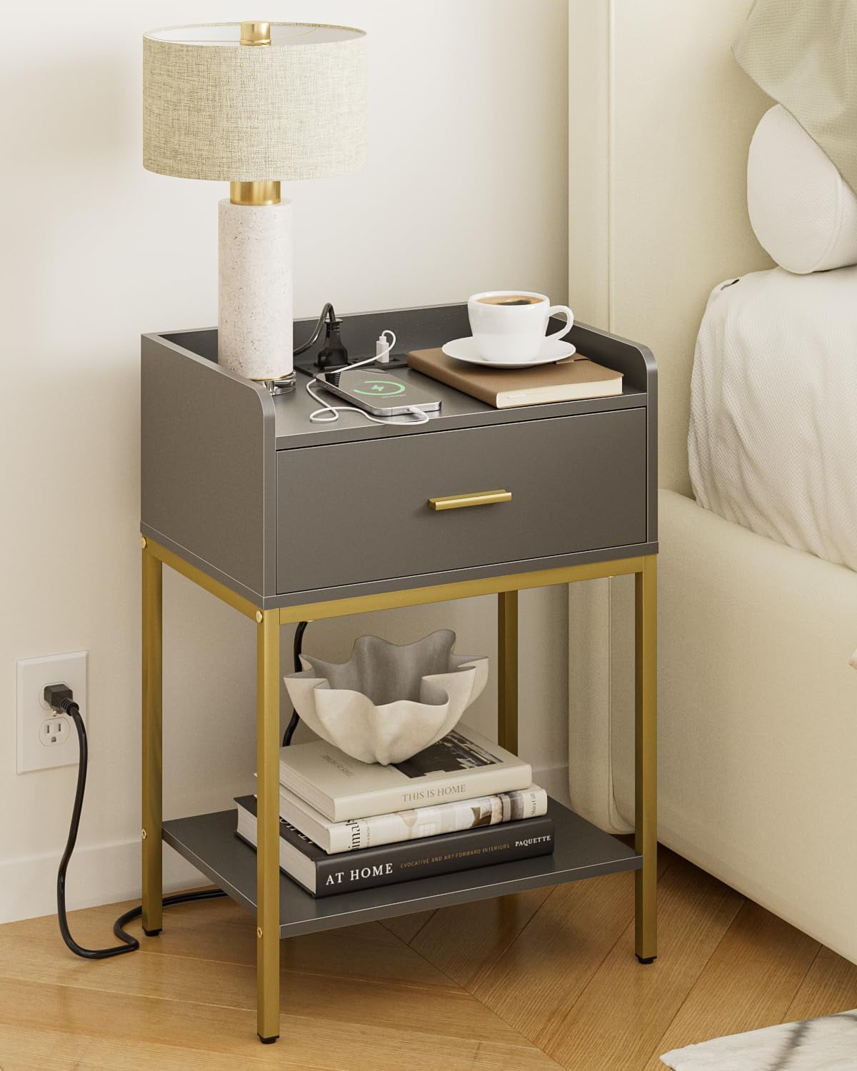 Nightstand with Charging Station,3-Tier Modern Bedside Night Stand with ...