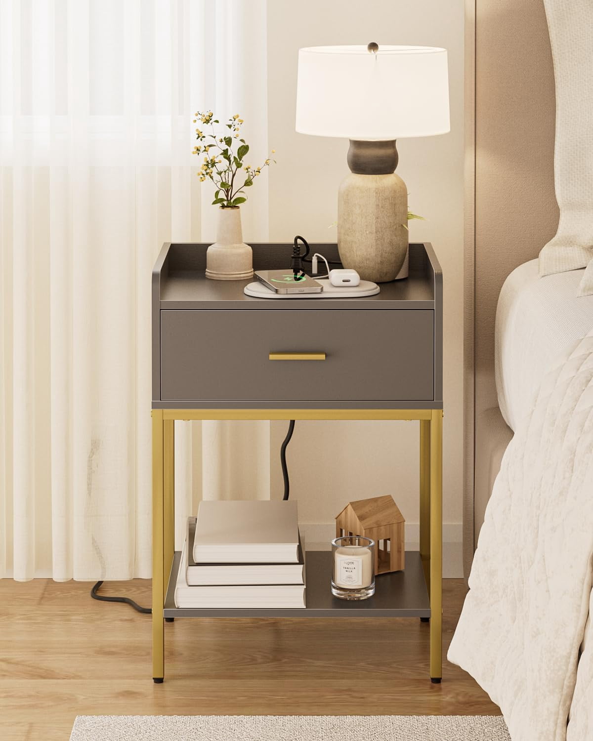 Nightstand with Charging Station,3-Tier Modern Bedside Table Night ...