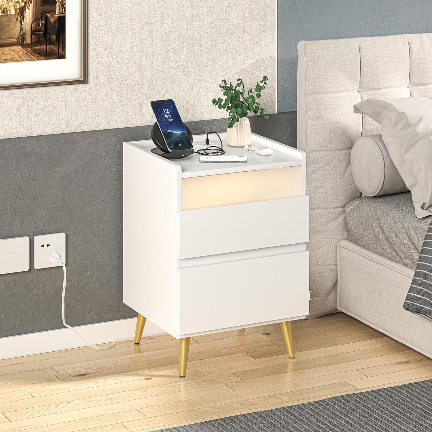 Bifanuo Nightstand with Charging Station, Bedside Table with USB & Type ...