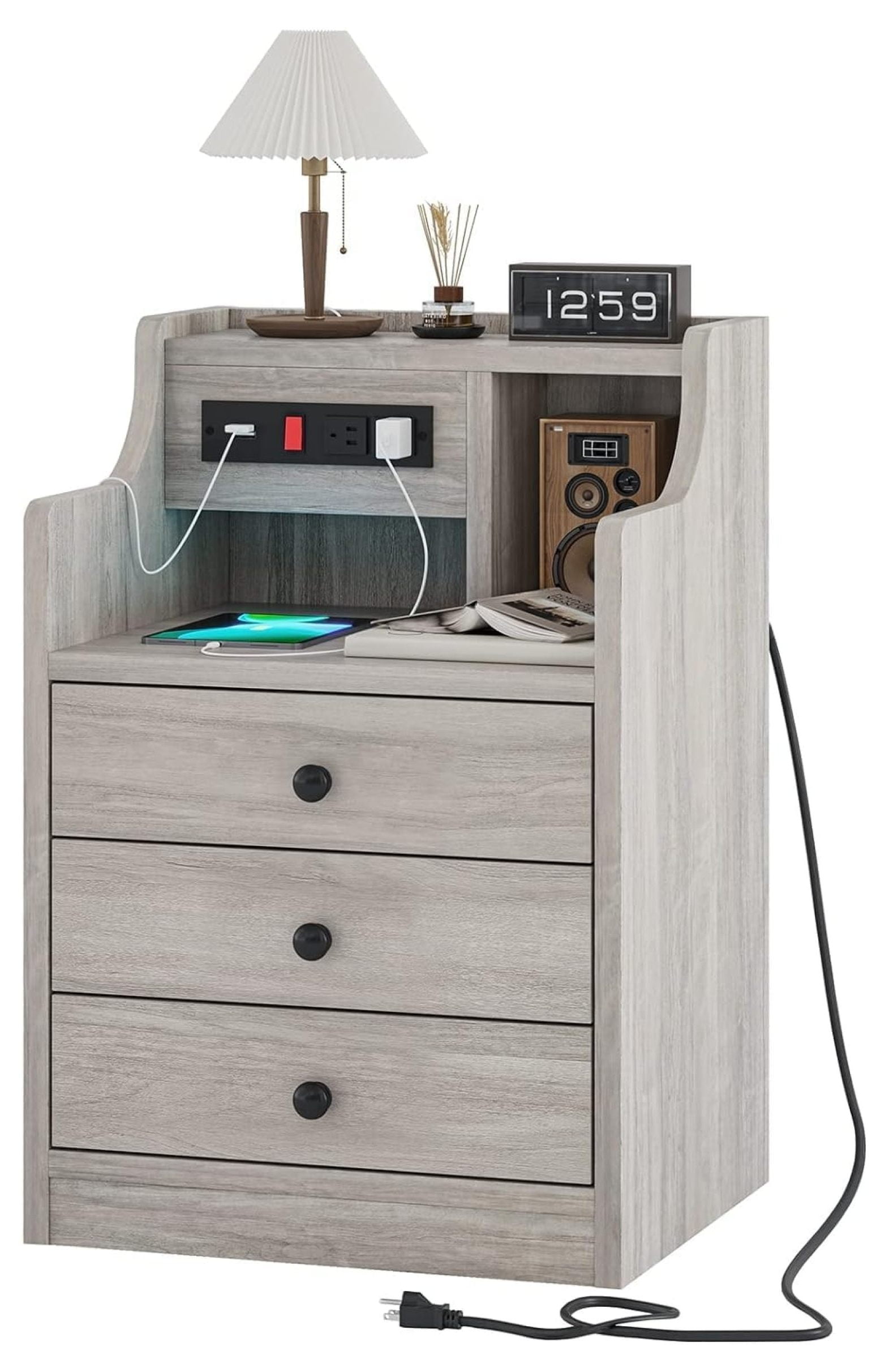 Nightstand with Charging Station, Grey Night Stands with Hutch, 3 ...