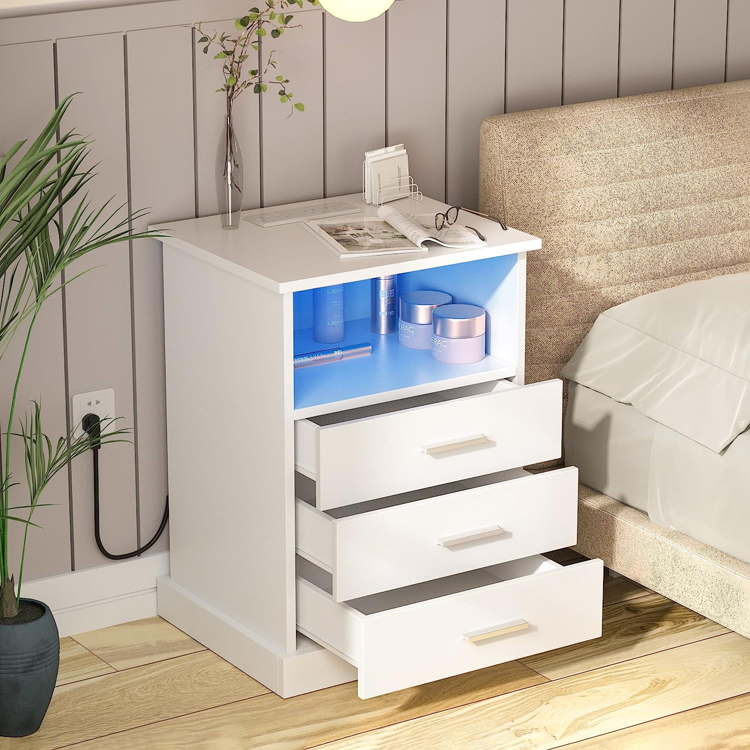 Nightstand with Charging Station, LED Lights Side Table with 3 Drawers ...