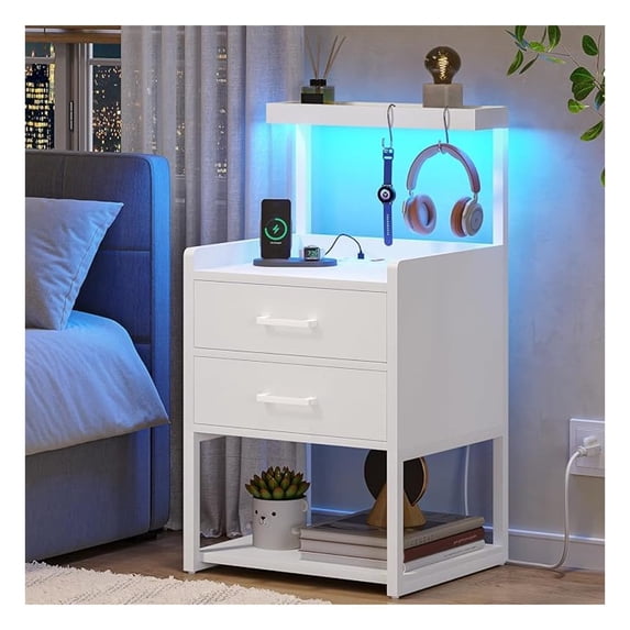 Nightstand with Charging Station & LED Lights, White Bedside Table with ...