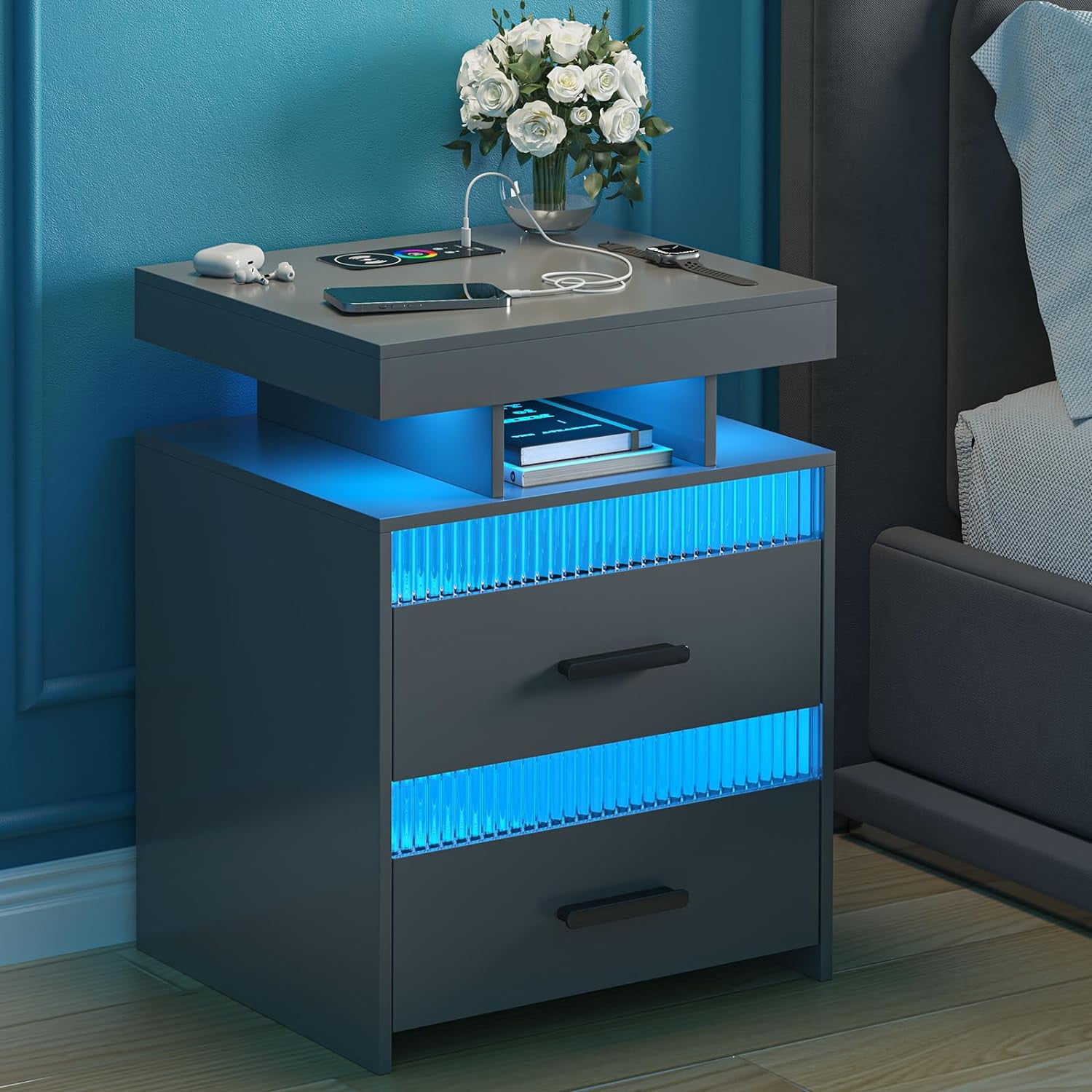 Nightstand with Charging Station, Modern End Table with 2 Drawers ...