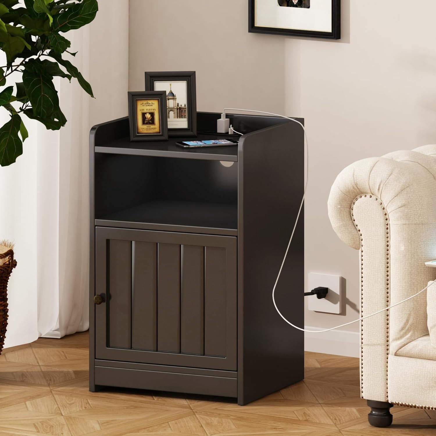 Nightstand with Charging Station, Night Stand with Cabinet and Open ...