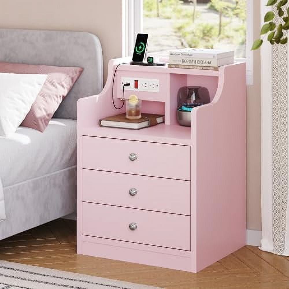 Nightstand with Charging Station,Pink Night Stand with Hutch,Bedside ...