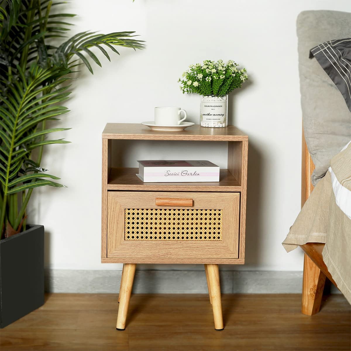 Nightstand with Charging Station,Rattan Accent Side Table, Bedside ...