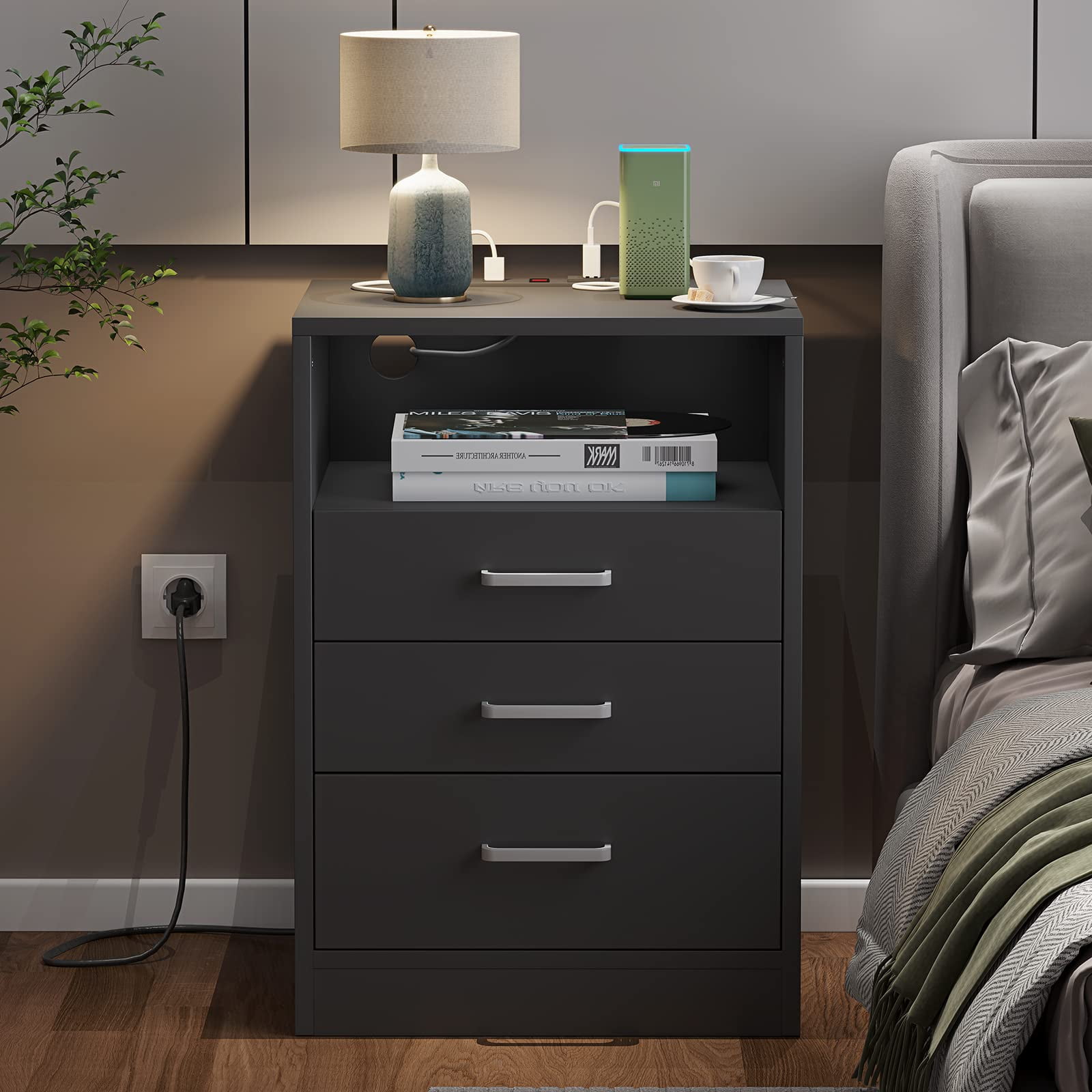 Kicode Nightstand with Charging Station, USB Ports, Black, 3 Drawers ...